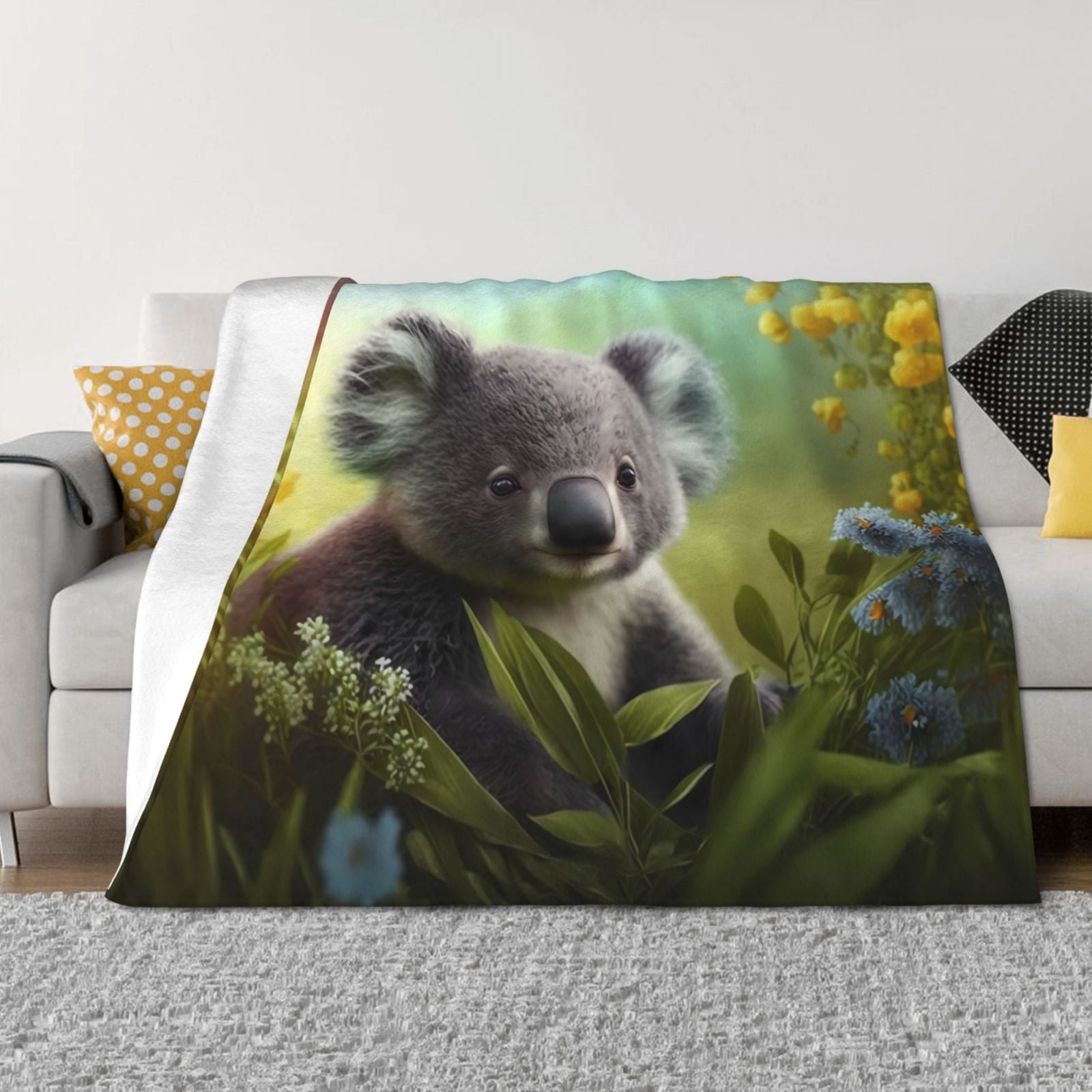 Qekee Daisy Koala print Throw Blanket, Cotton Flannel Home Decor, All ...