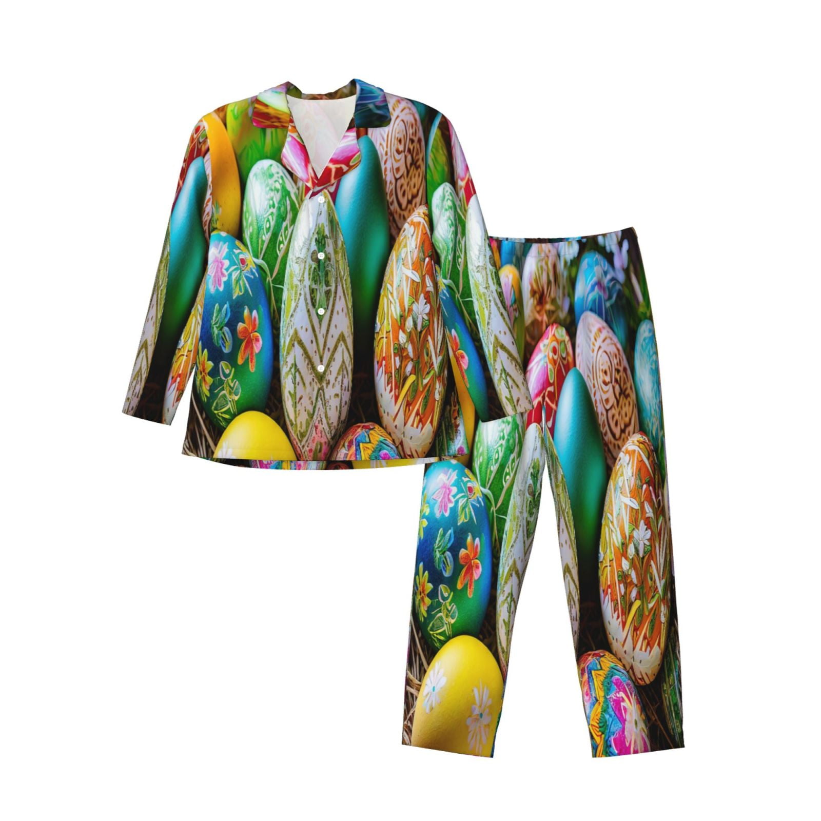 Qekee Easter Eggs Print Men's Pajama Sets, PJS Long Sleeve Sleepwear 2 ...