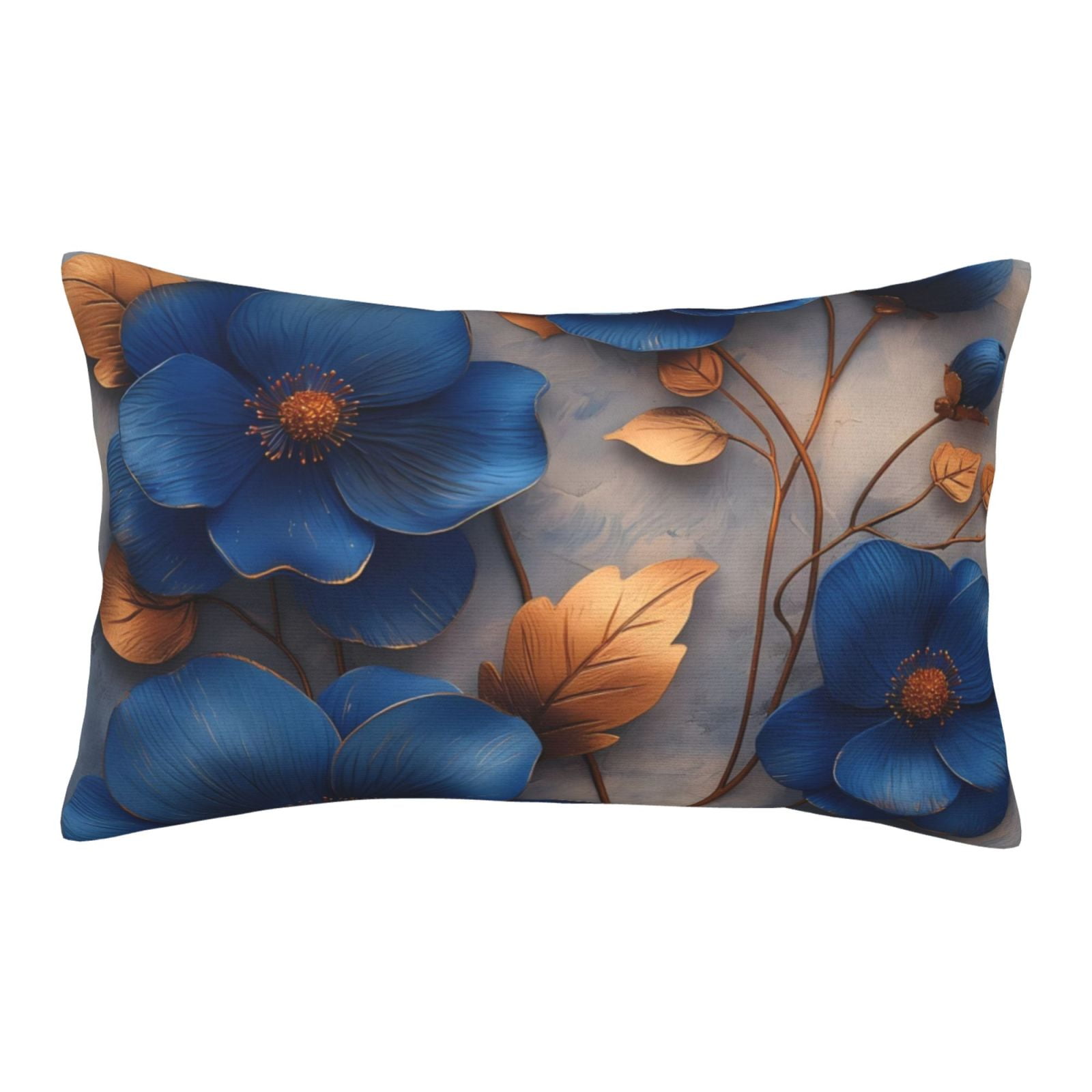 Qekee Elegant Blue Gold Blooms Print Fuzzy Pillows Cover, Pillow Case ...
