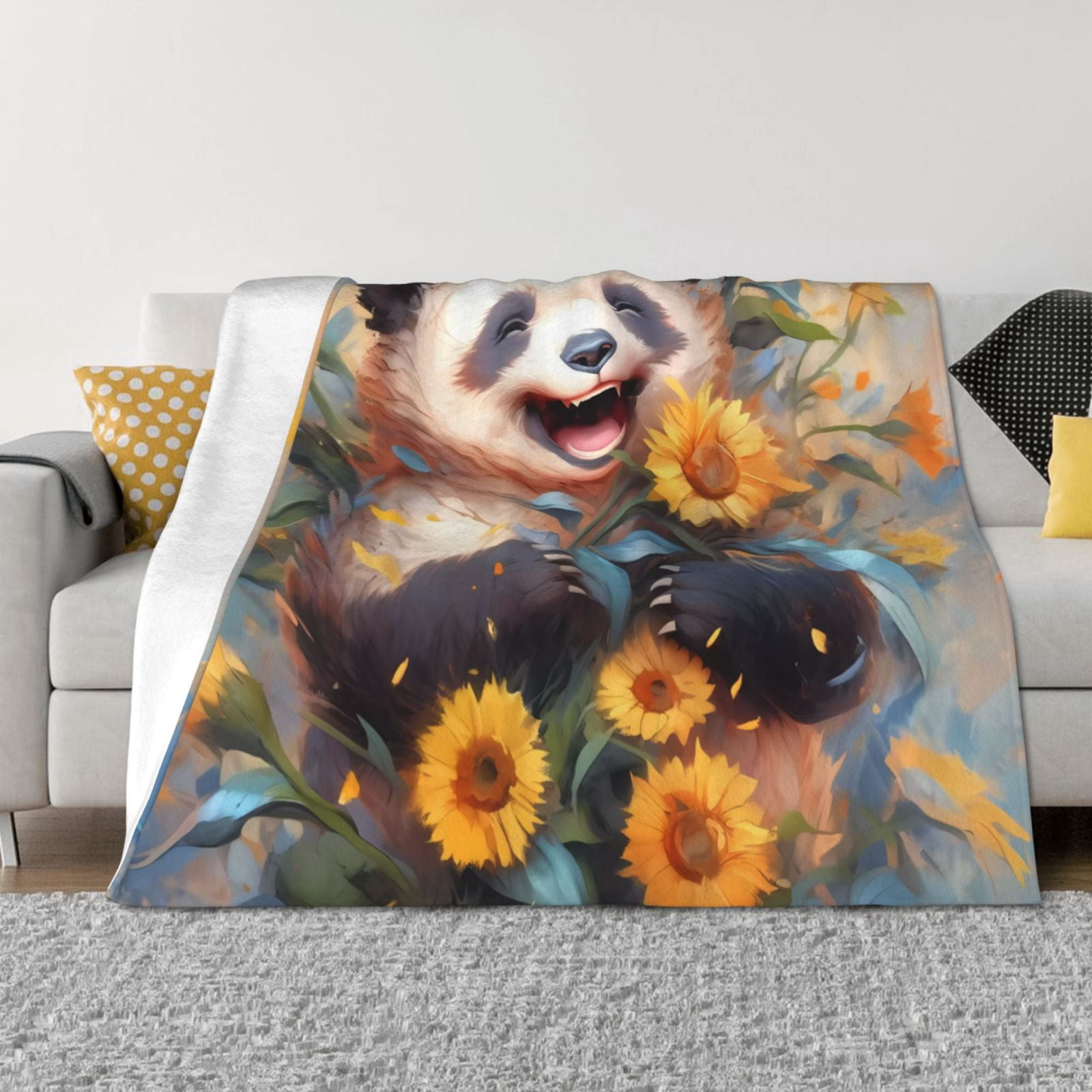 Qekee Elegant Cute Panda Sunflower print Throw Blanket, Cotton Flannel ...