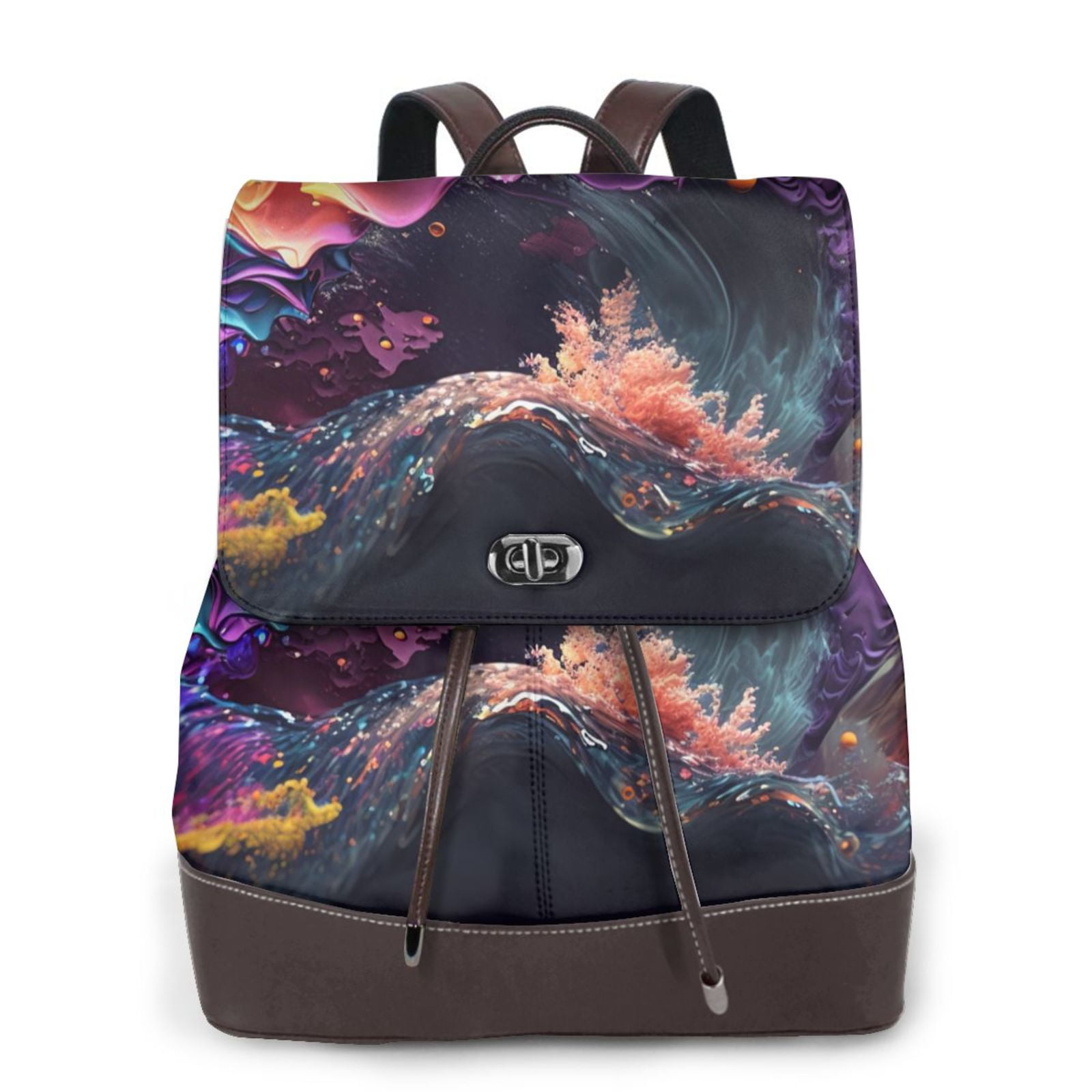 Qekee Explosive Fluid Splash Art Print Leather Backpack Purse for Women ...