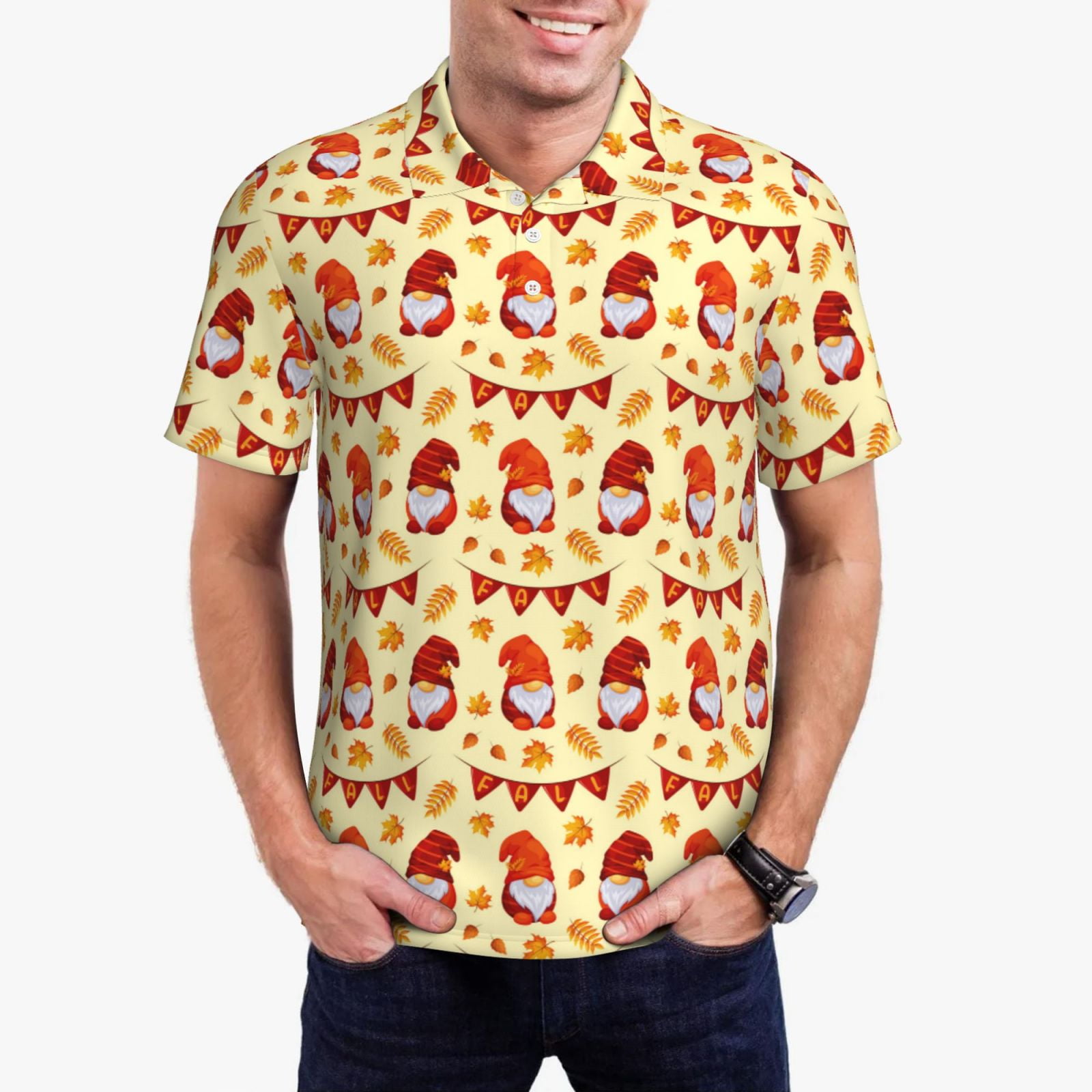 Qekee Fall Gnomes for Mens Polo Shirts Casual Short Sleeve Button Down ...