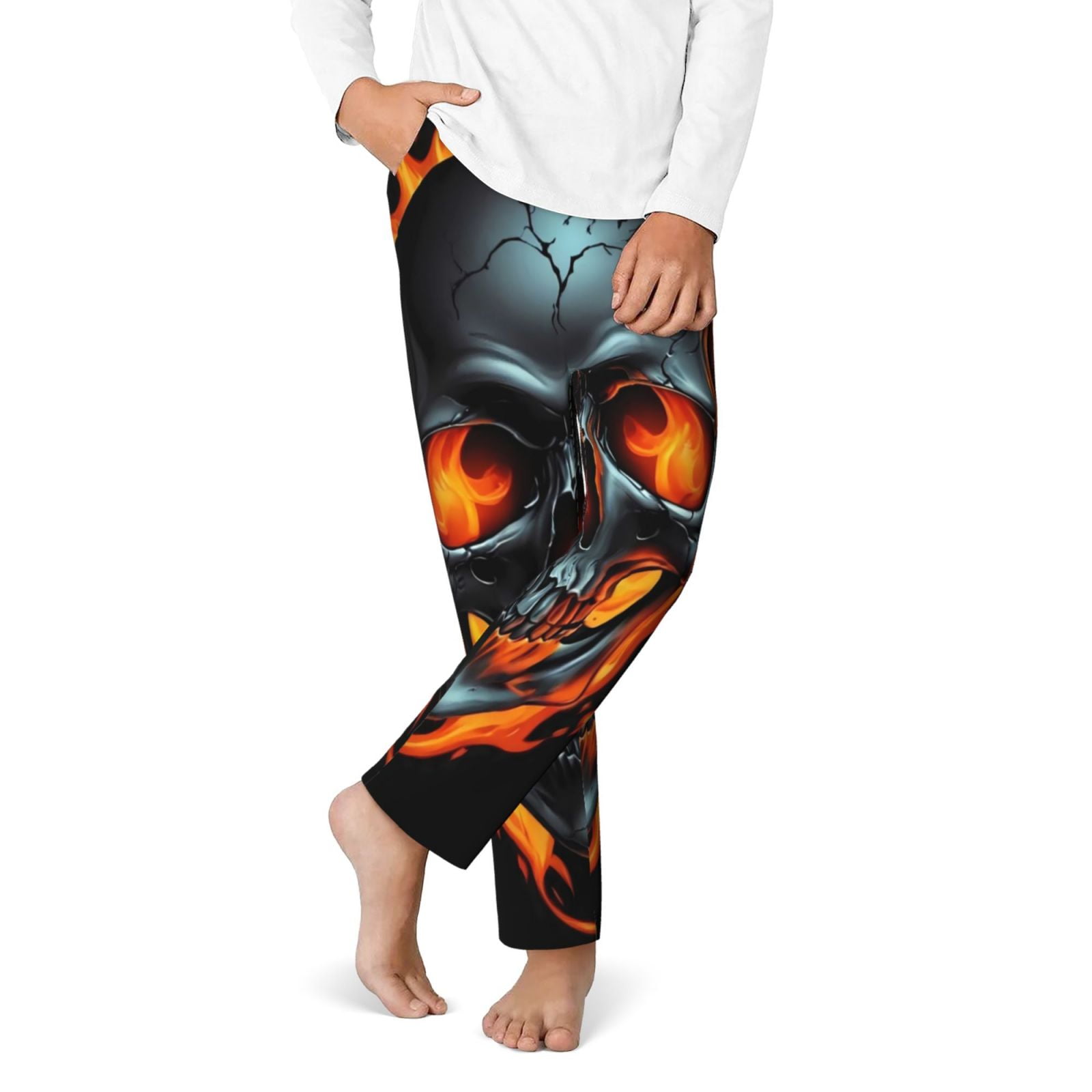 Qekee Flame Metal Skull Print Kids Pajama Pants, Teenagers' Bottom ...