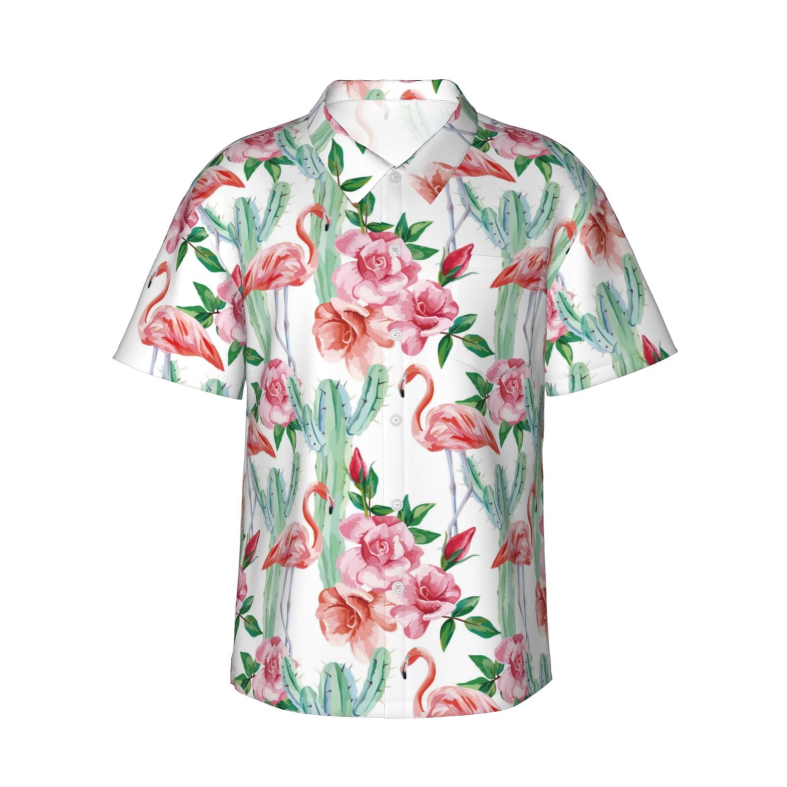 Qekee Flamingo Flower print Hawaiian Shirt for Men Short Sleeve Button ...