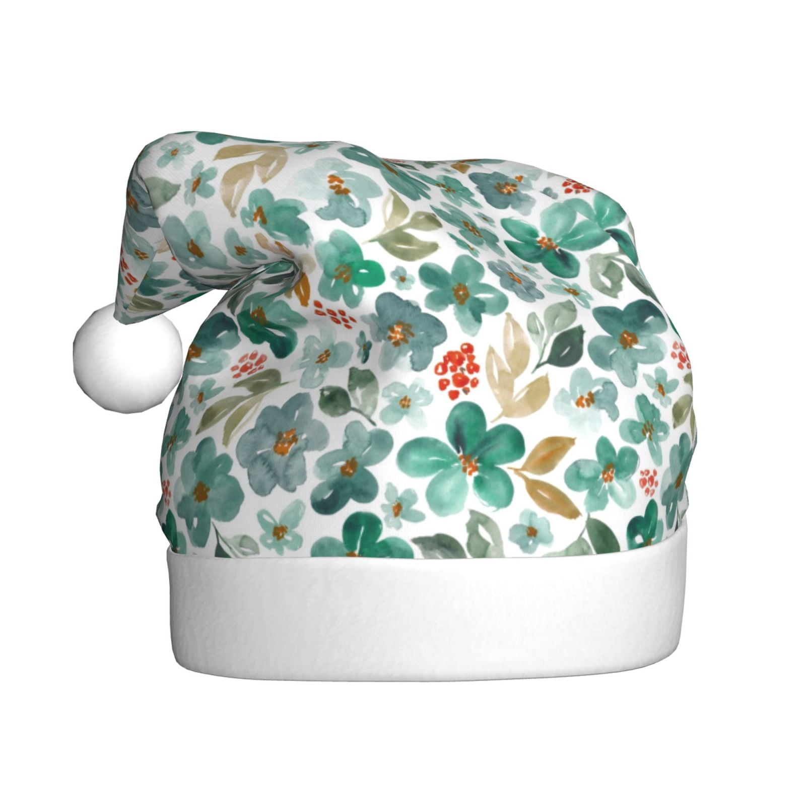 Qekee Floral In Teal for Fluffy Red Santa Hats Set Plush Brim and Liner ...