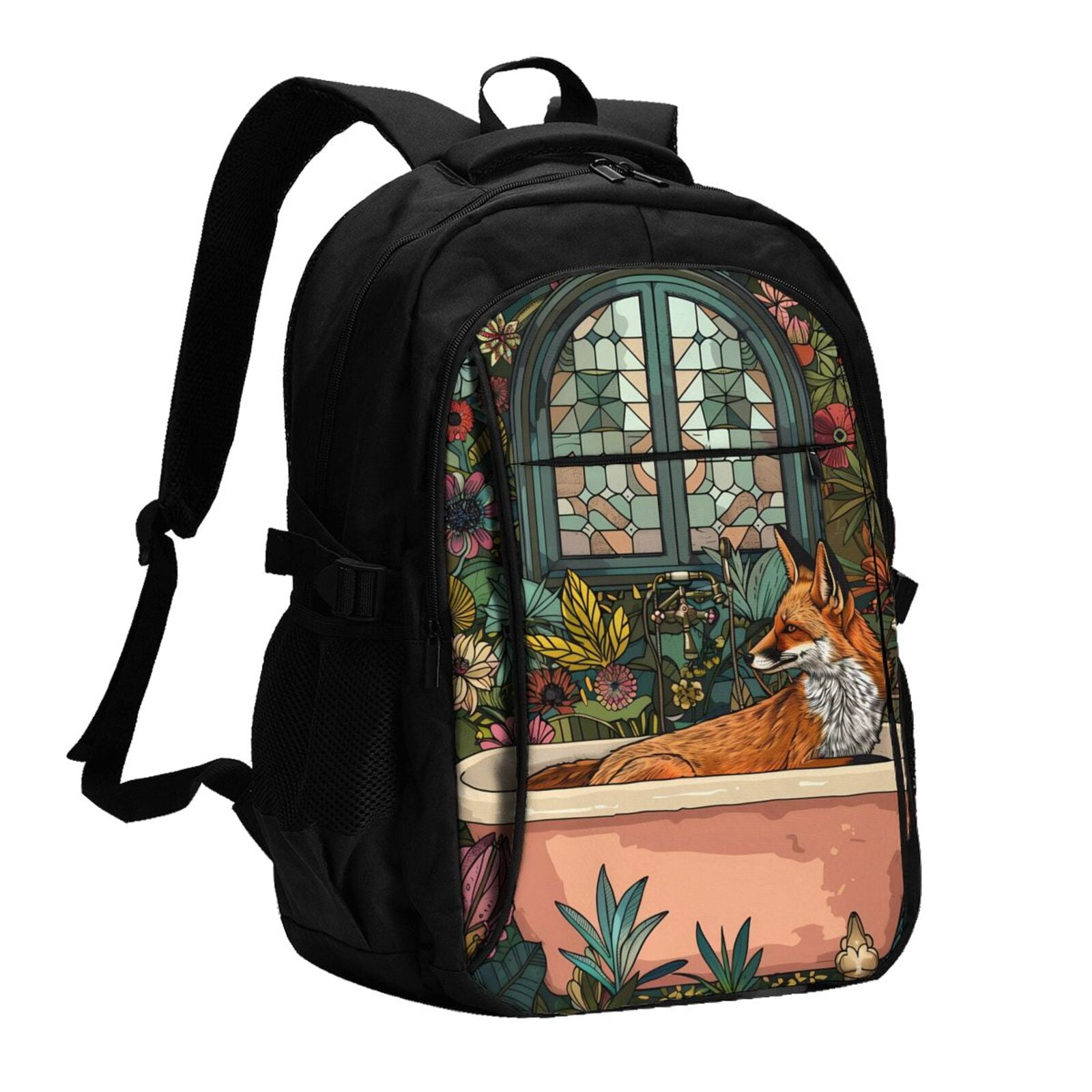 Qekee Fox Bathtub Floral Art Print Travel Laptop Backpack Waterproof ...