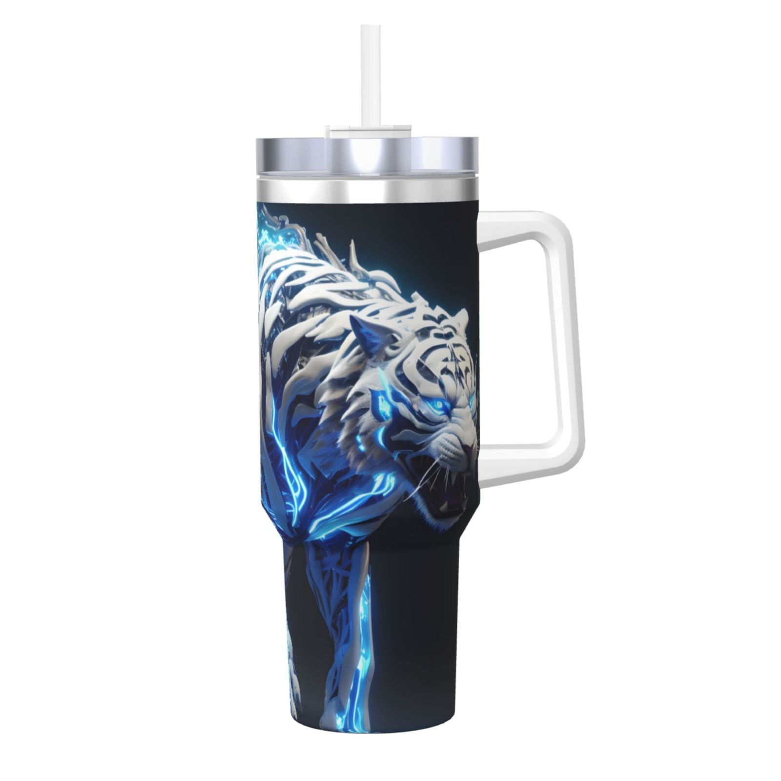 Qekee Futuristic Blue Light White Tiger Print 40 OZ Large Capacity Ice ...
