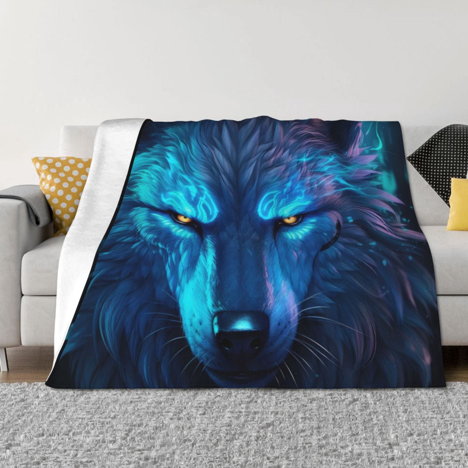 Qekee Futuristic Blue Light Wolf print Throw Blanket, Cotton Flannel ...