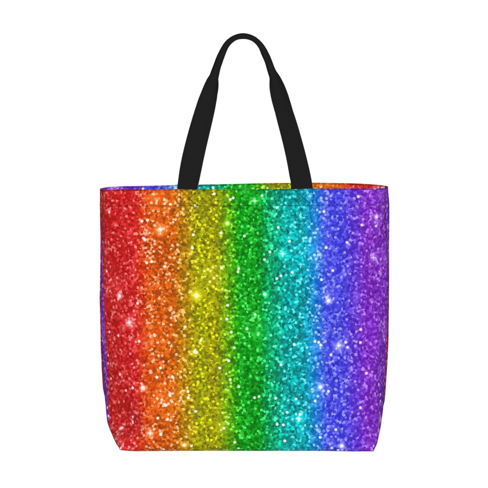 Qekee Glitter Rainbow Tote Bag for Women Travel Bag with Inner Pockets ...