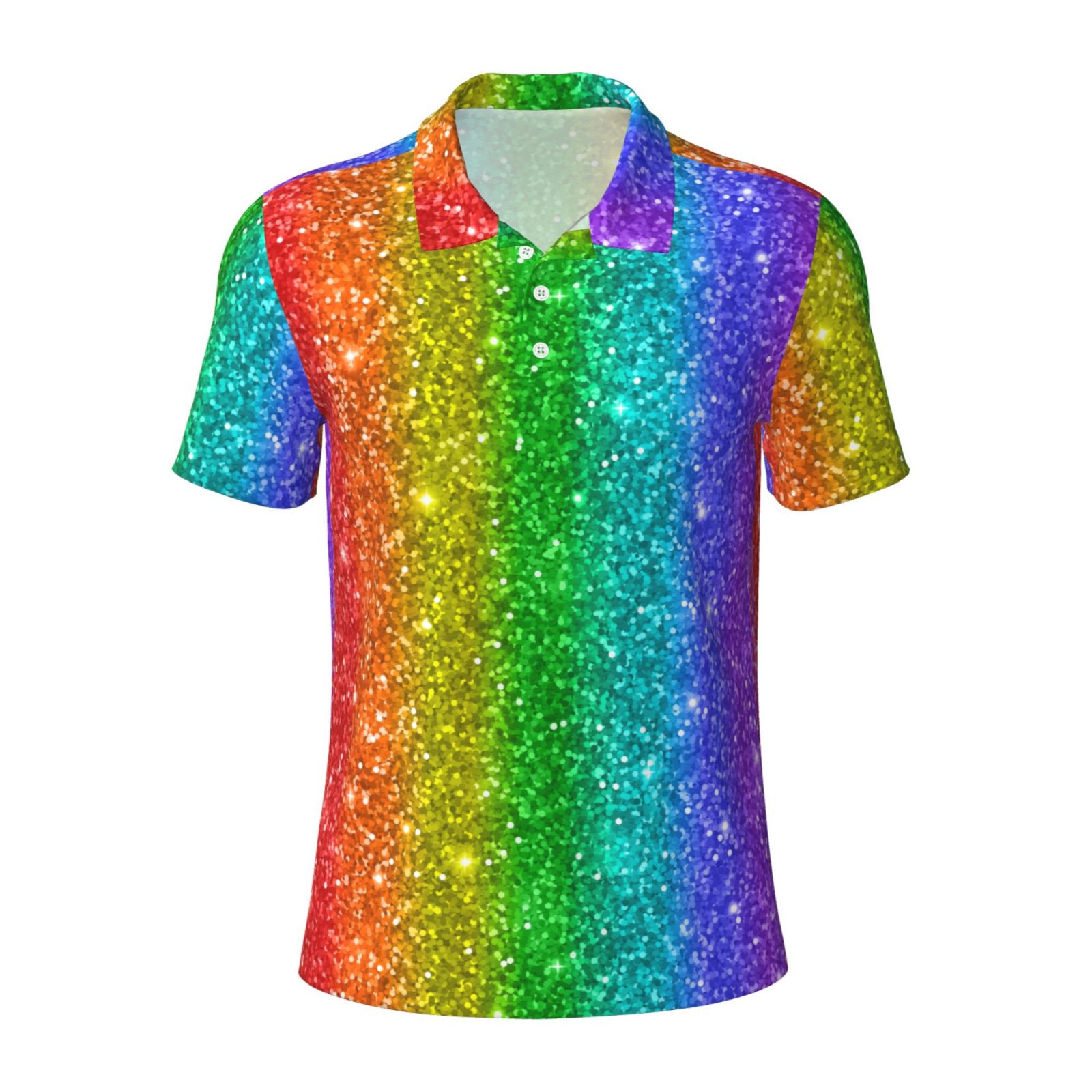 Qekee Glitter Rainbow for Mens Polo Shirts Casual Short Sleeve Button ...