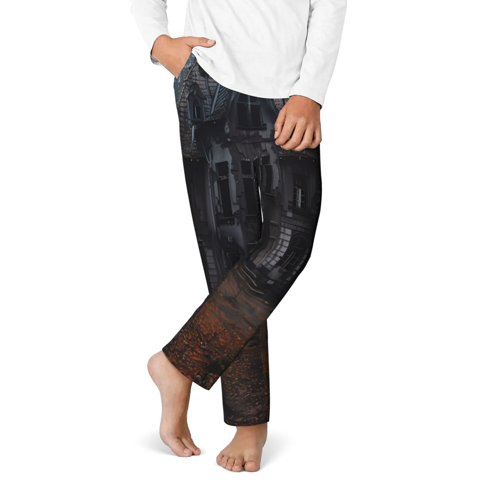 Qekee Gloomy Mansion Forest Scene Print Kids Pajama Pants, Teenagers ...