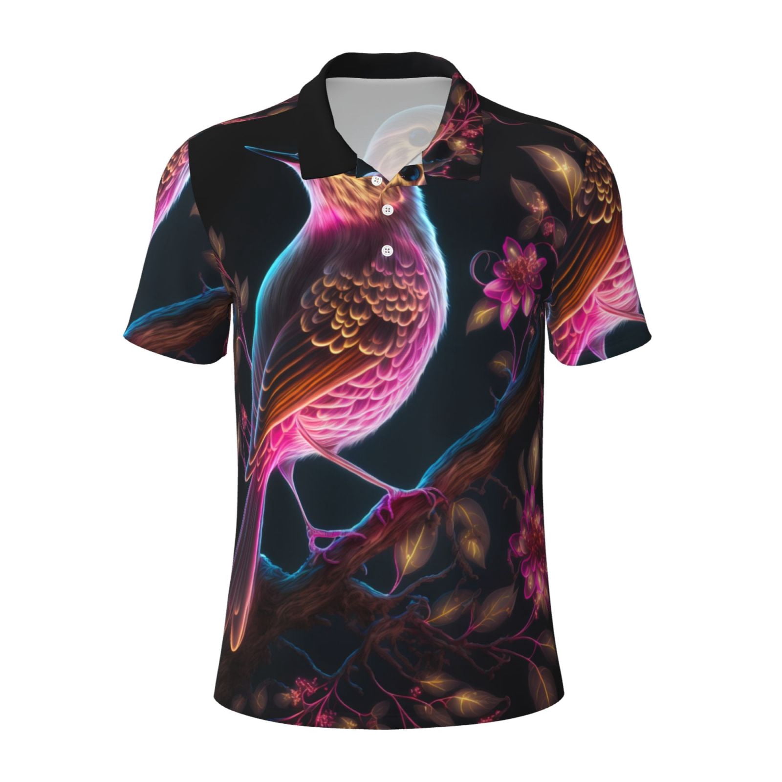 Qekee Glowing Leaf Bird for Mens Polo Shirts Casual Short Sleeve Button ...