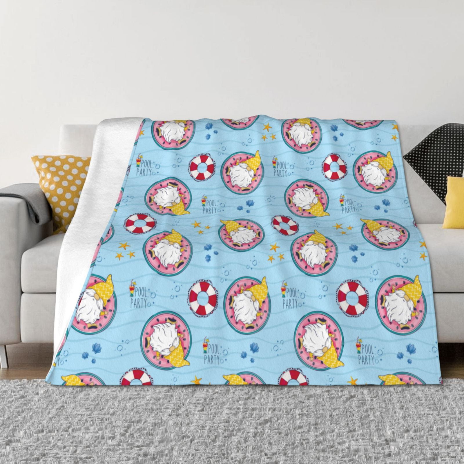 Qekee Gnome Pool Party print Throw Blanket, Cotton Flannel Home Decor ...