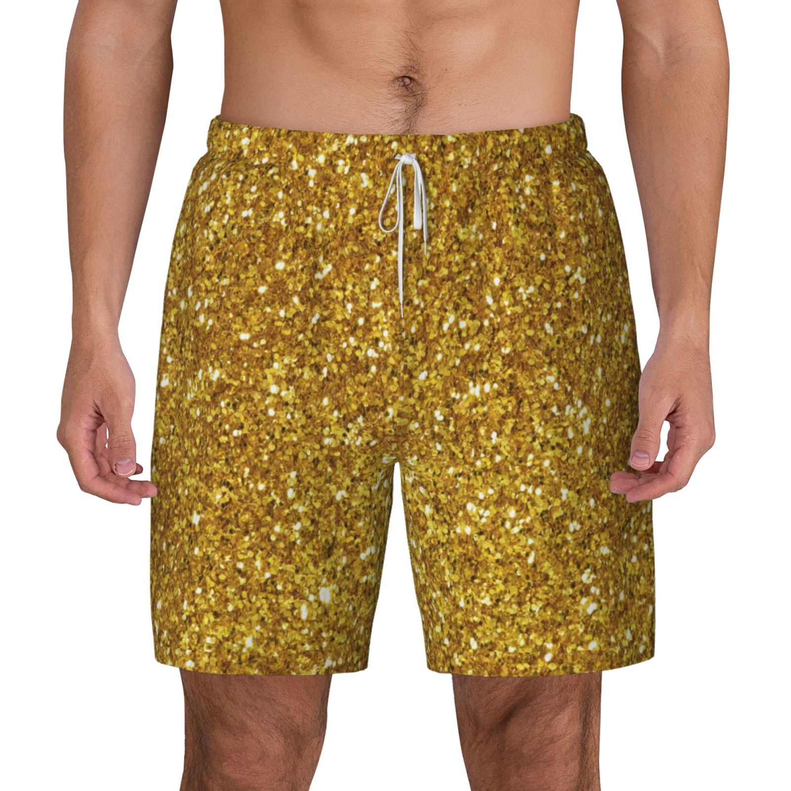Qekee Gold Glitter print Mens Swim Quick Dry Stretch Swim Shorts Lining ...