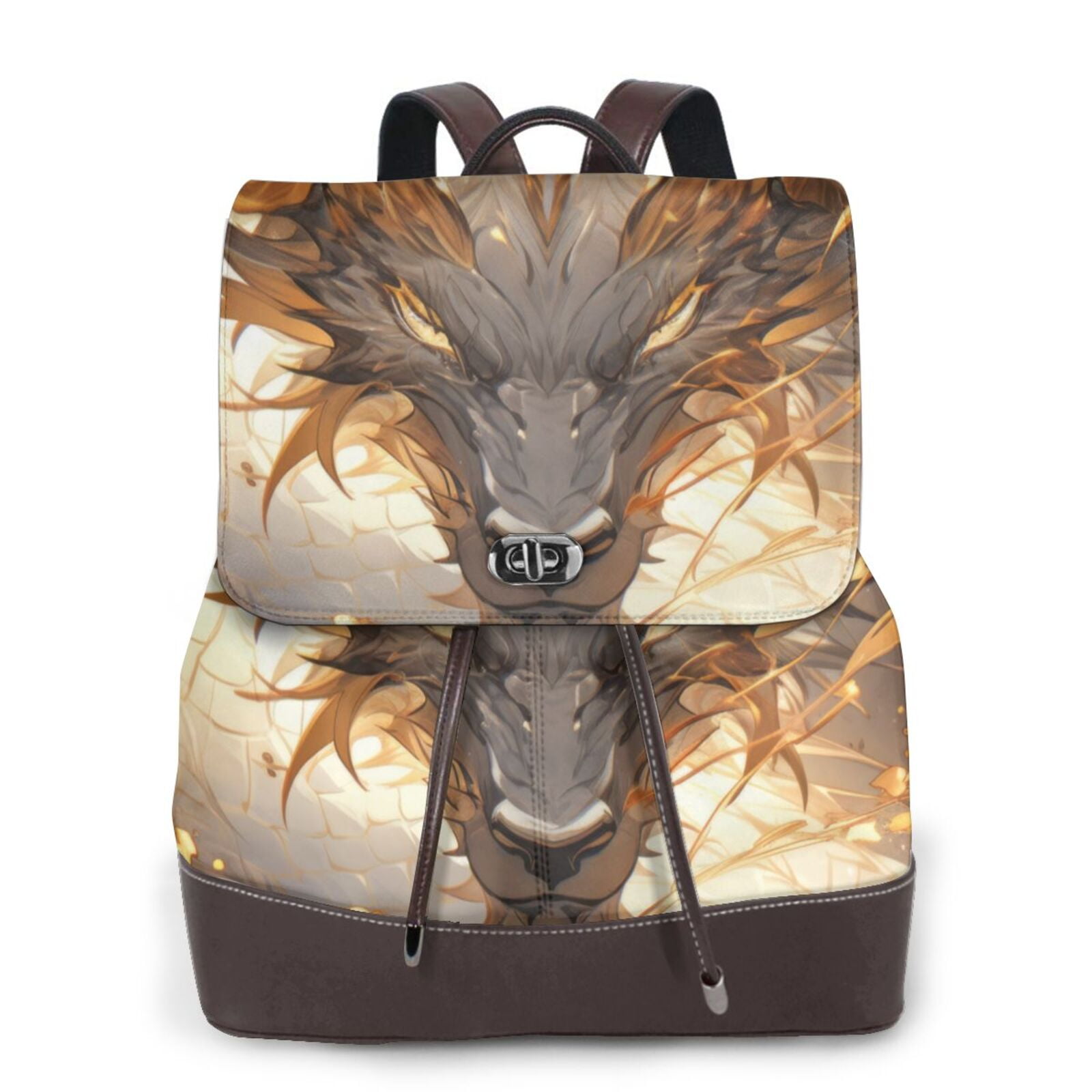 Qekee Golden Horned White Dragon Print Leather Backpack Purse for Women,Ladies Travel Fashion ...