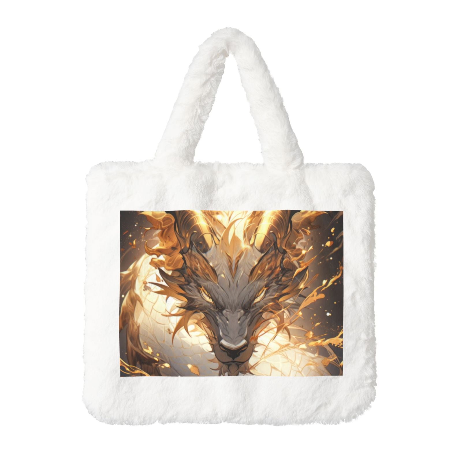 Qekee Golden Horned White Dragon Print Plush Underarm Bag, Ladies Fluffy Shoulder Bag, Women ...