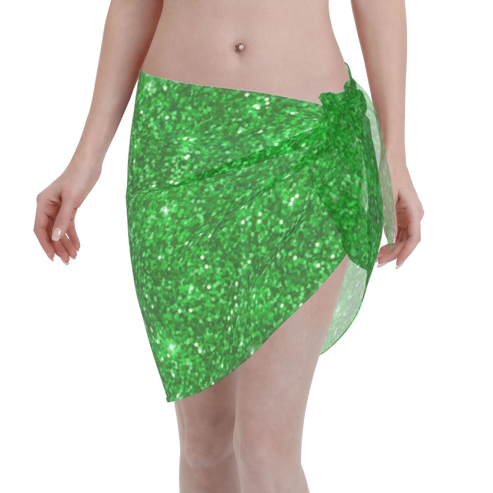 Qekee Green Glitter Women's Short Sarongs Cover Ups Sheer Bikini Wraps ...