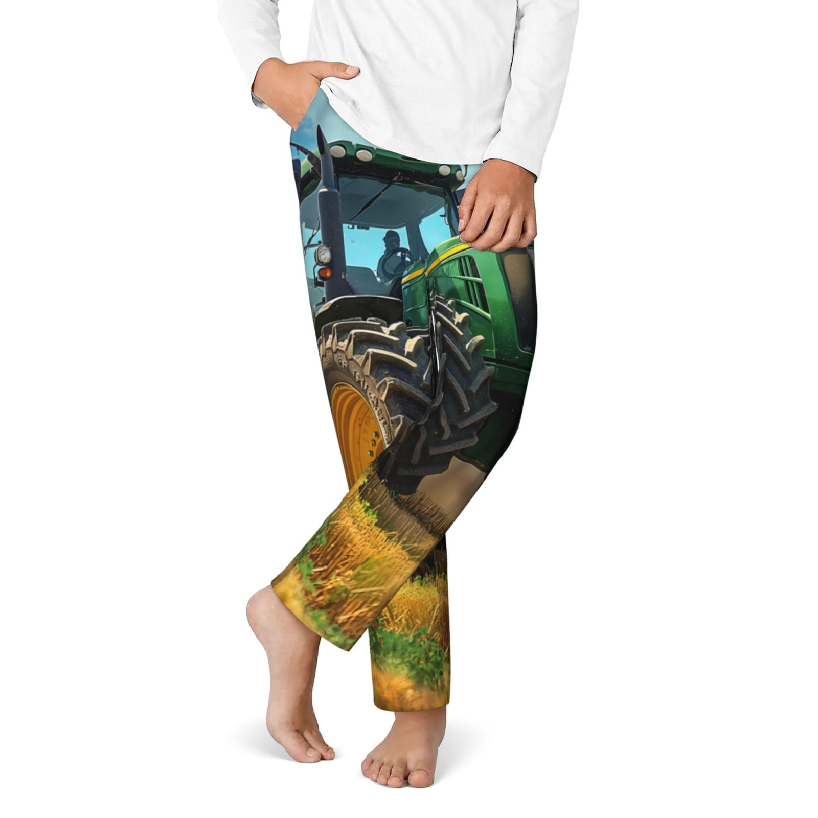 Qekee Green Tractor Field Print Kids Pajama Pants, Teenagers' Bottom ...