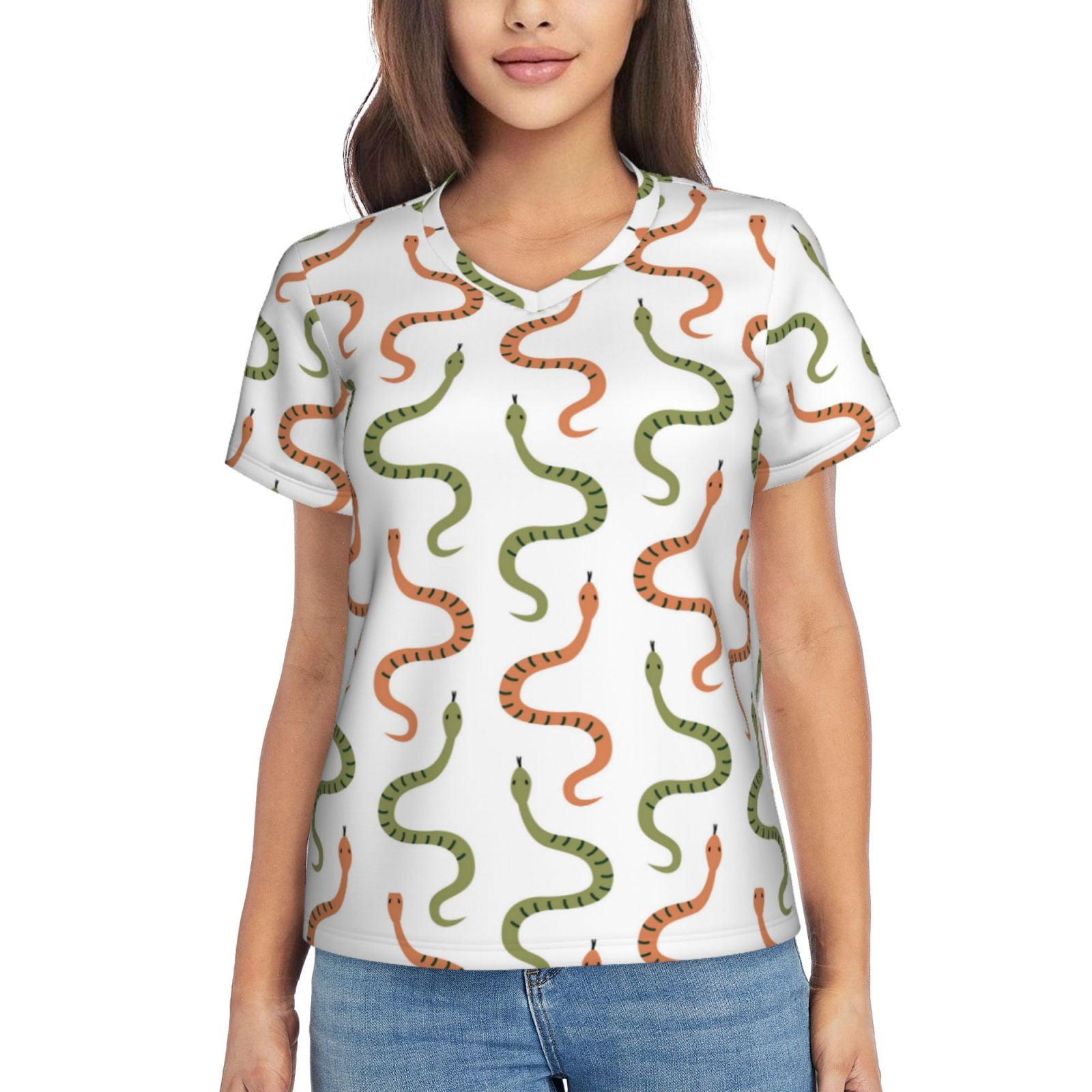 Qekee Hand Drawn Snake for Women's V Neck T Shirts Half Sleeve Tops ...