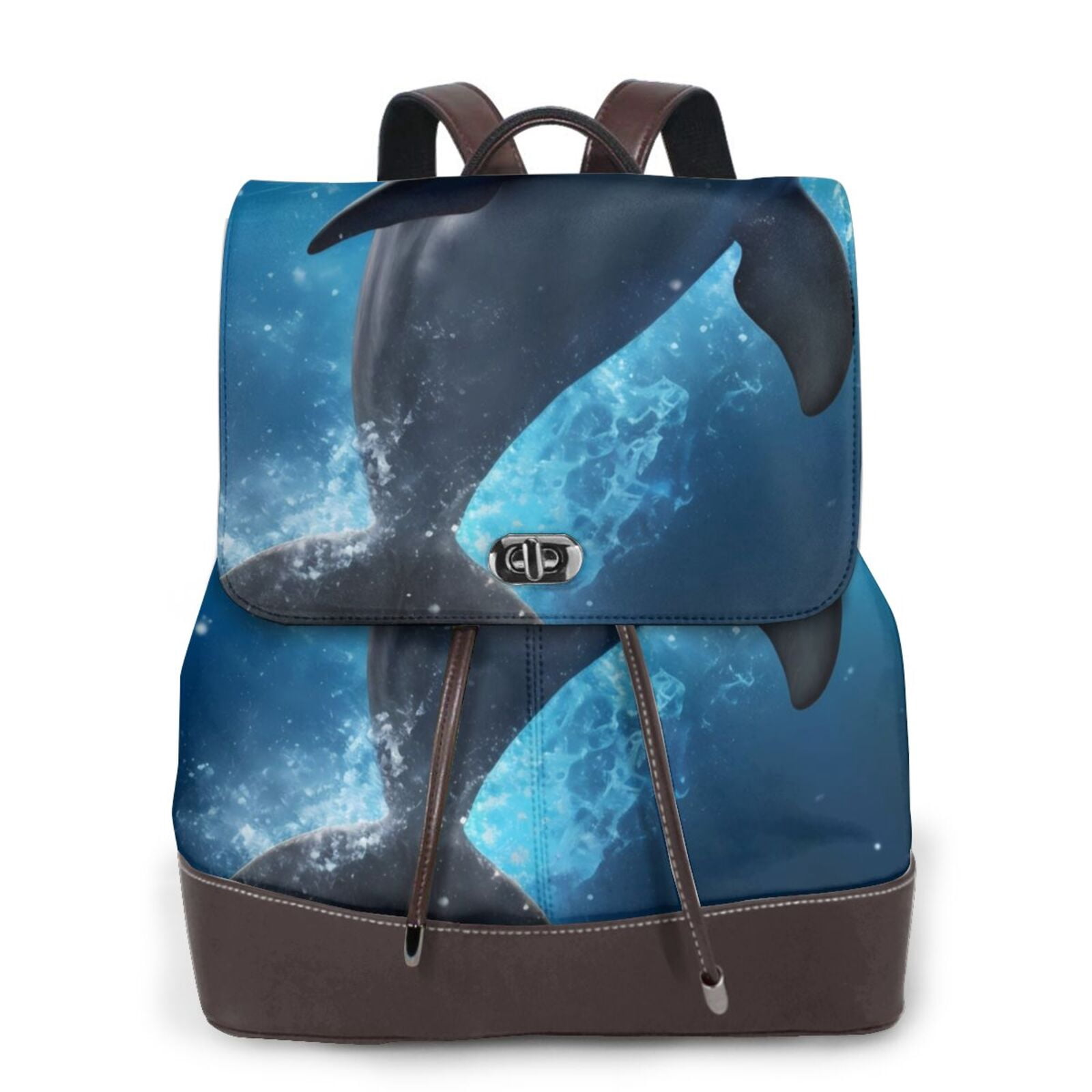 Qekee Ice Blue Ocean Cute Dolphin Print Leather Backpack Purse for ...