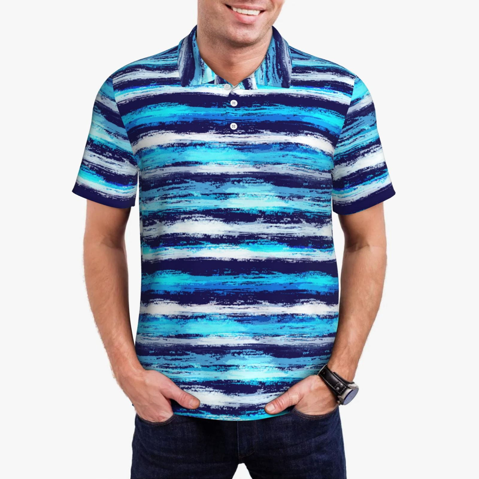 Qekee Ice Blue Stripes for Mens Polo Shirts Casual Short Sleeve Button ...