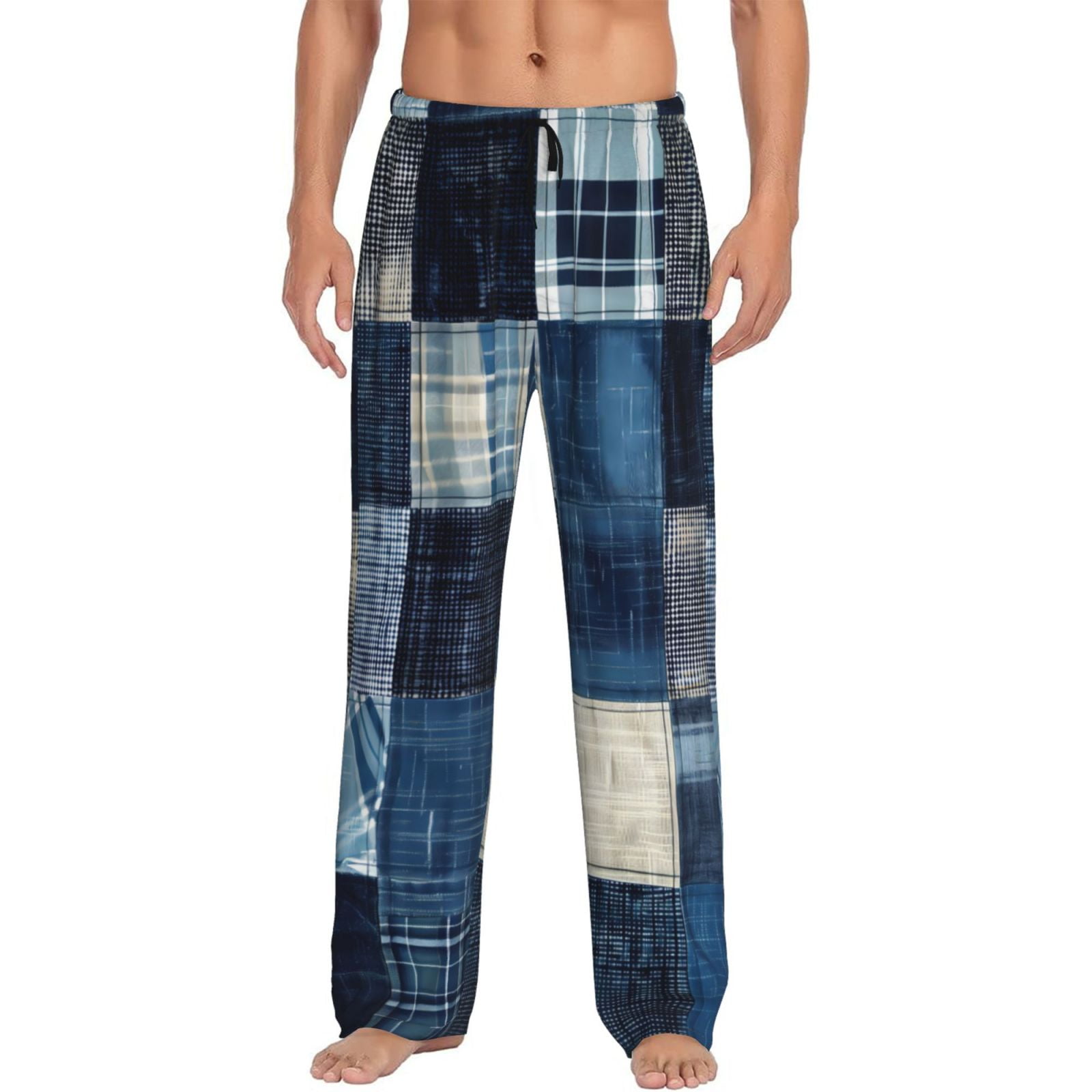 Qekee Indigo Patchwork Quilt Pattern Men's Straigh Pajama Pant，Lounge ...