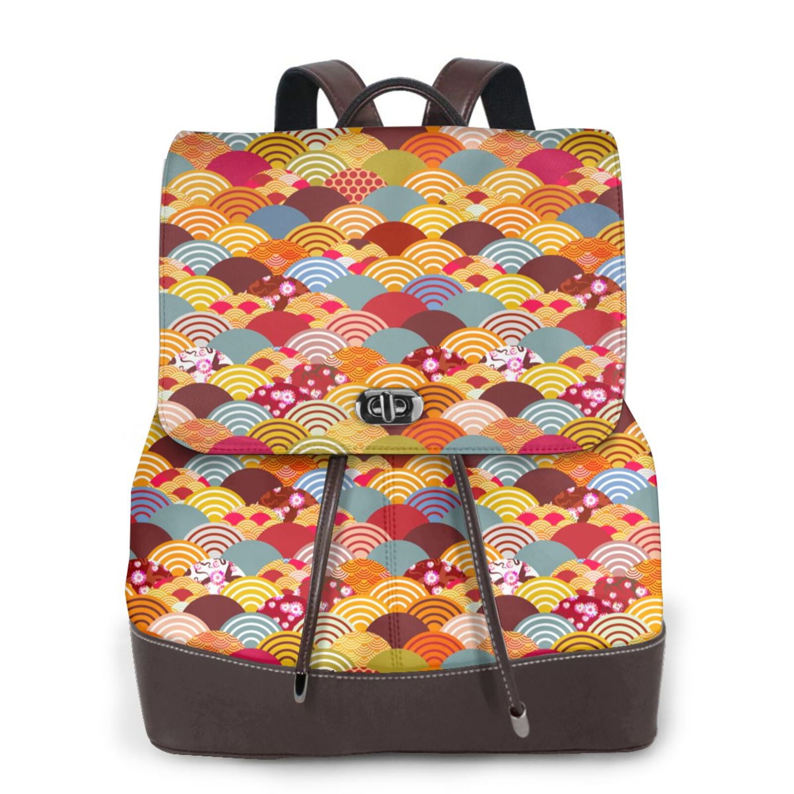 Qekee Japanese Style Fish Scales Print Leather Backpack Purse for Women ...