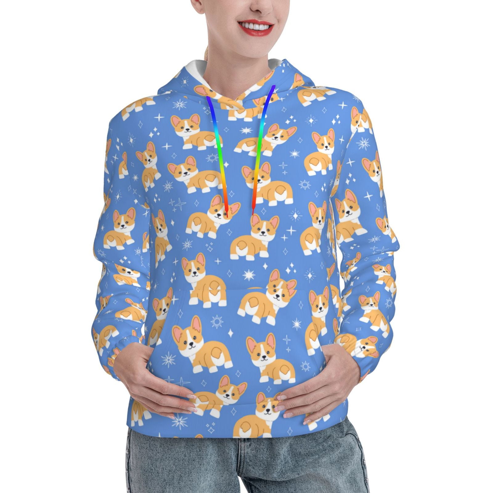 Qekee Kawaii Corgi Pattern Womens Hoodies Oversized Sweatshirts ...