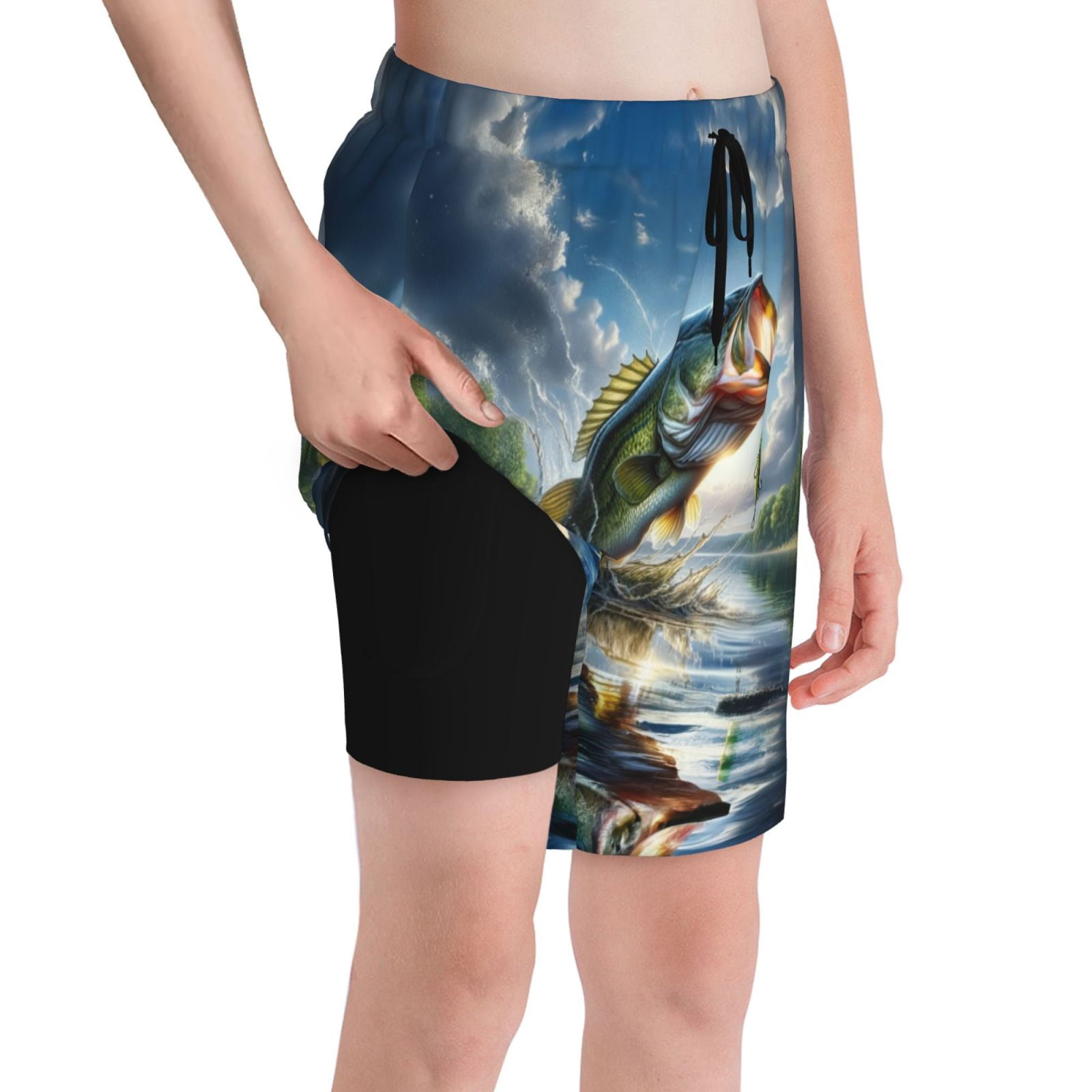 Qekee Largemouth Bass Jumping Out of The Water Print Boys Swim Trunks ...