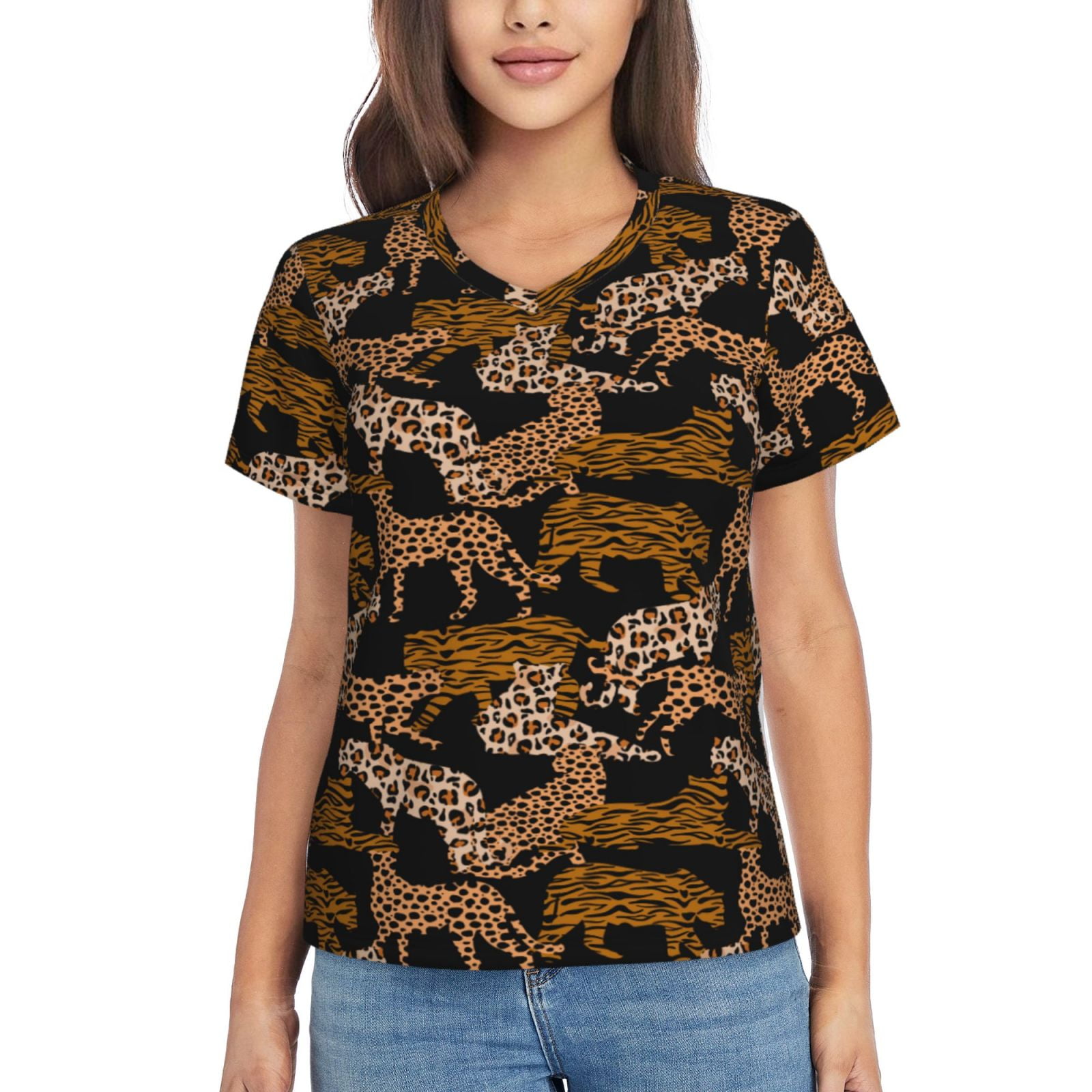 Qekee Leopard Print for Women's V Neck T Shirts Half Sleeve Tops Summer ...