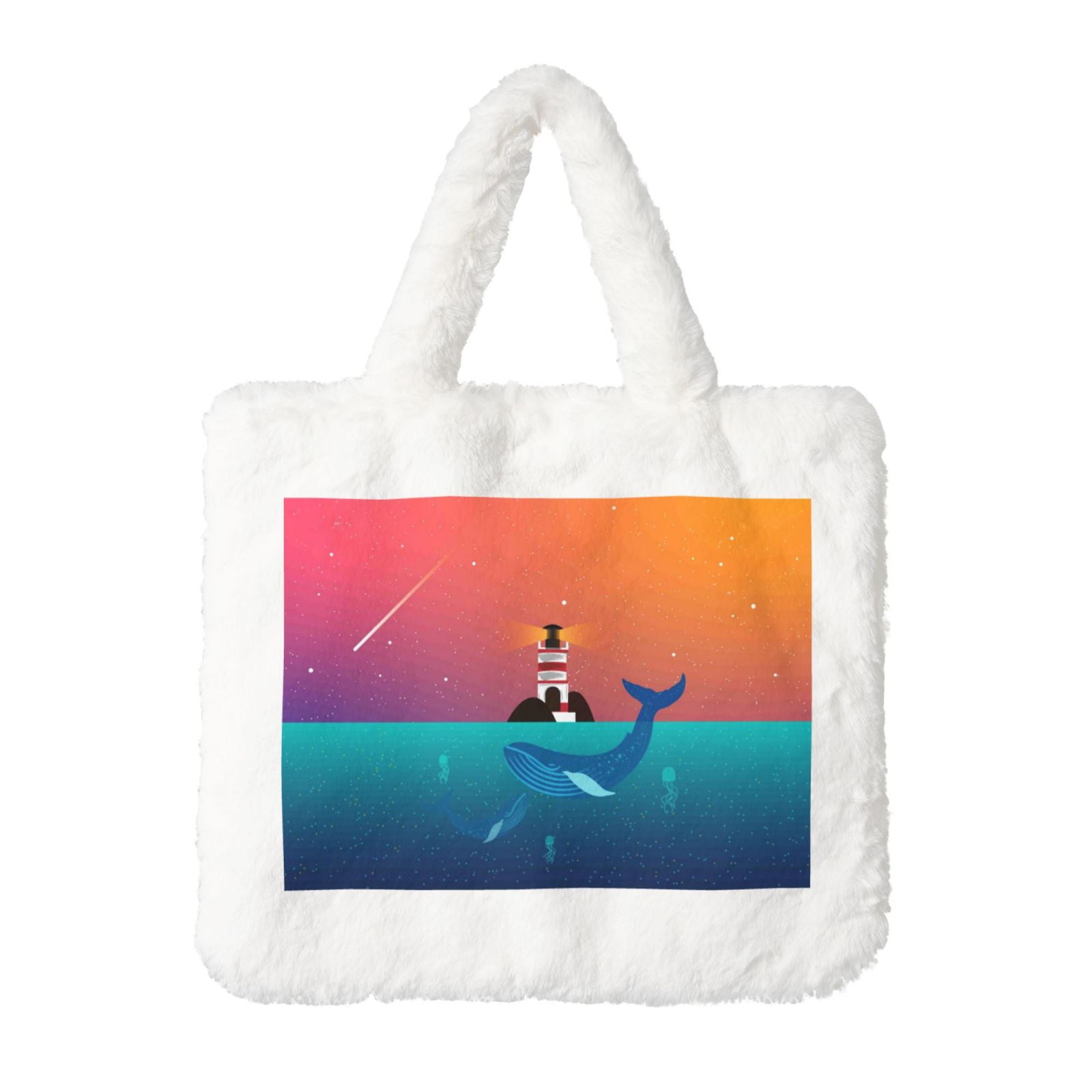 Qekee Lighthouse and Whale Print Plush Underarm Bag, Ladies Fluffy ...