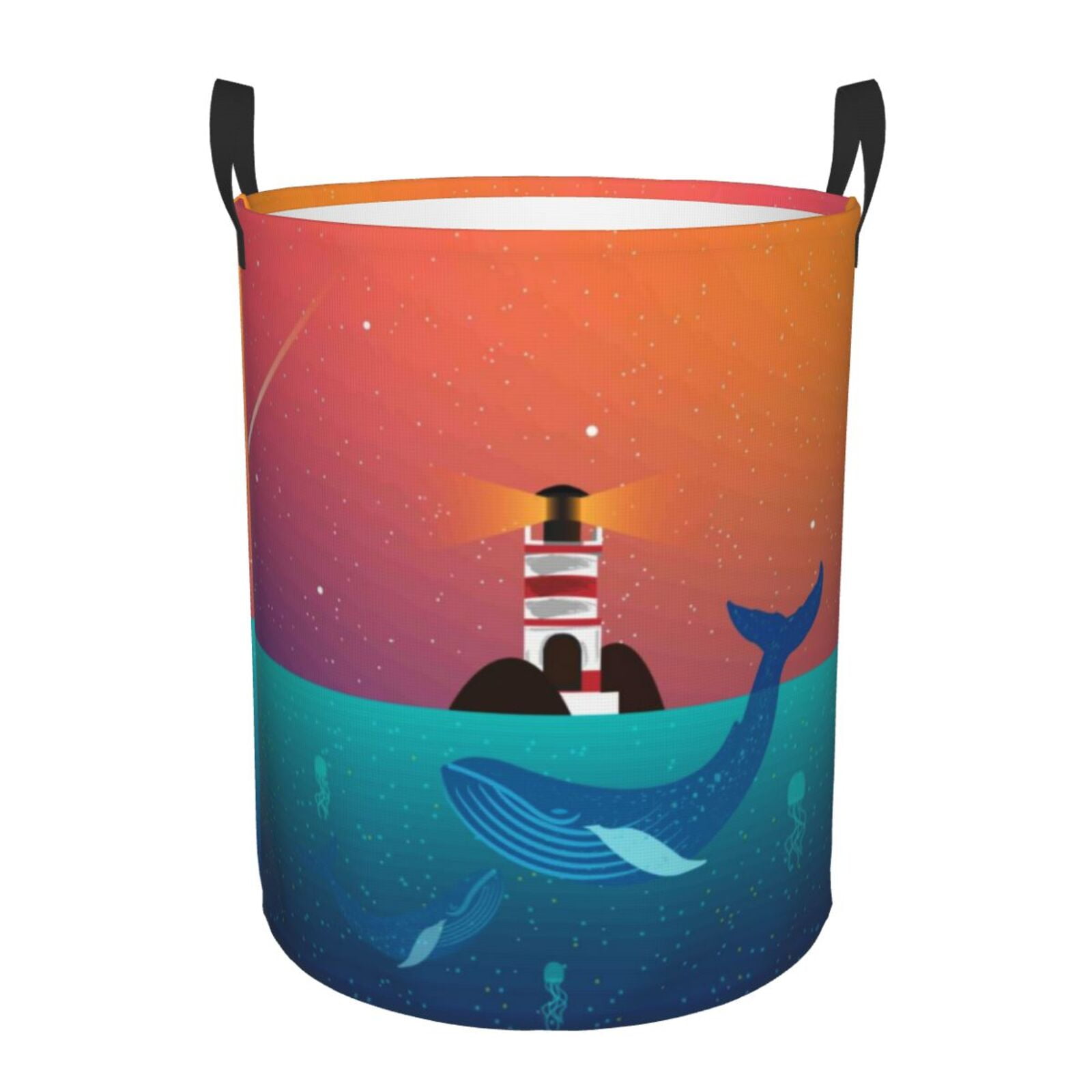 Qekee Lighthouse and Whale print Laundry Hamper Basket, Hamper Basket ...
