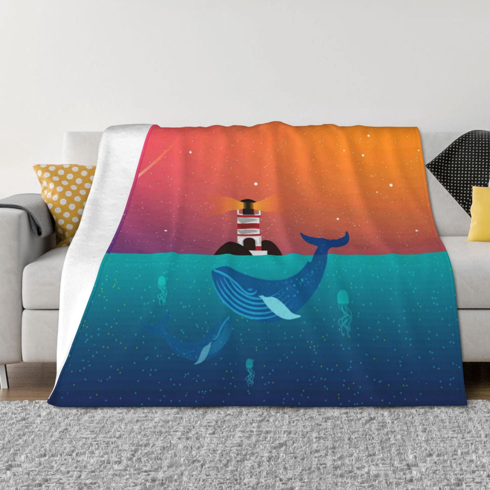 Qekee Lighthouse and Whale print Throw Blanket, Cotton Flannel Home ...