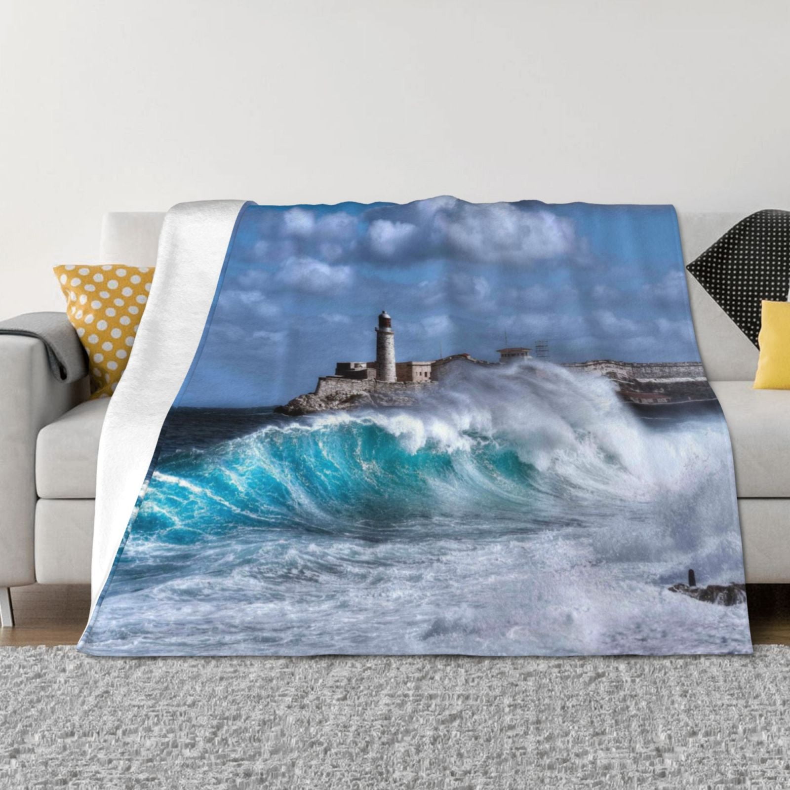Qekee Lighthouse in Havana print Throw Blanket, Cotton Flannel Home ...