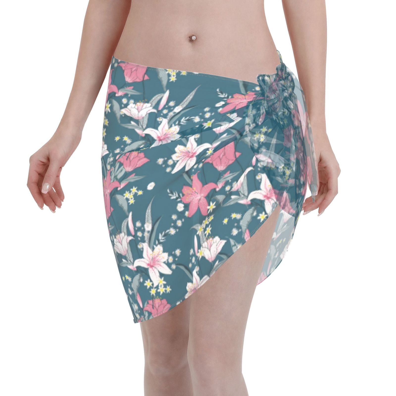 Qekee Lilies Flowers Women's Short Sarongs Cover Ups Sheer Bikini Wraps ...