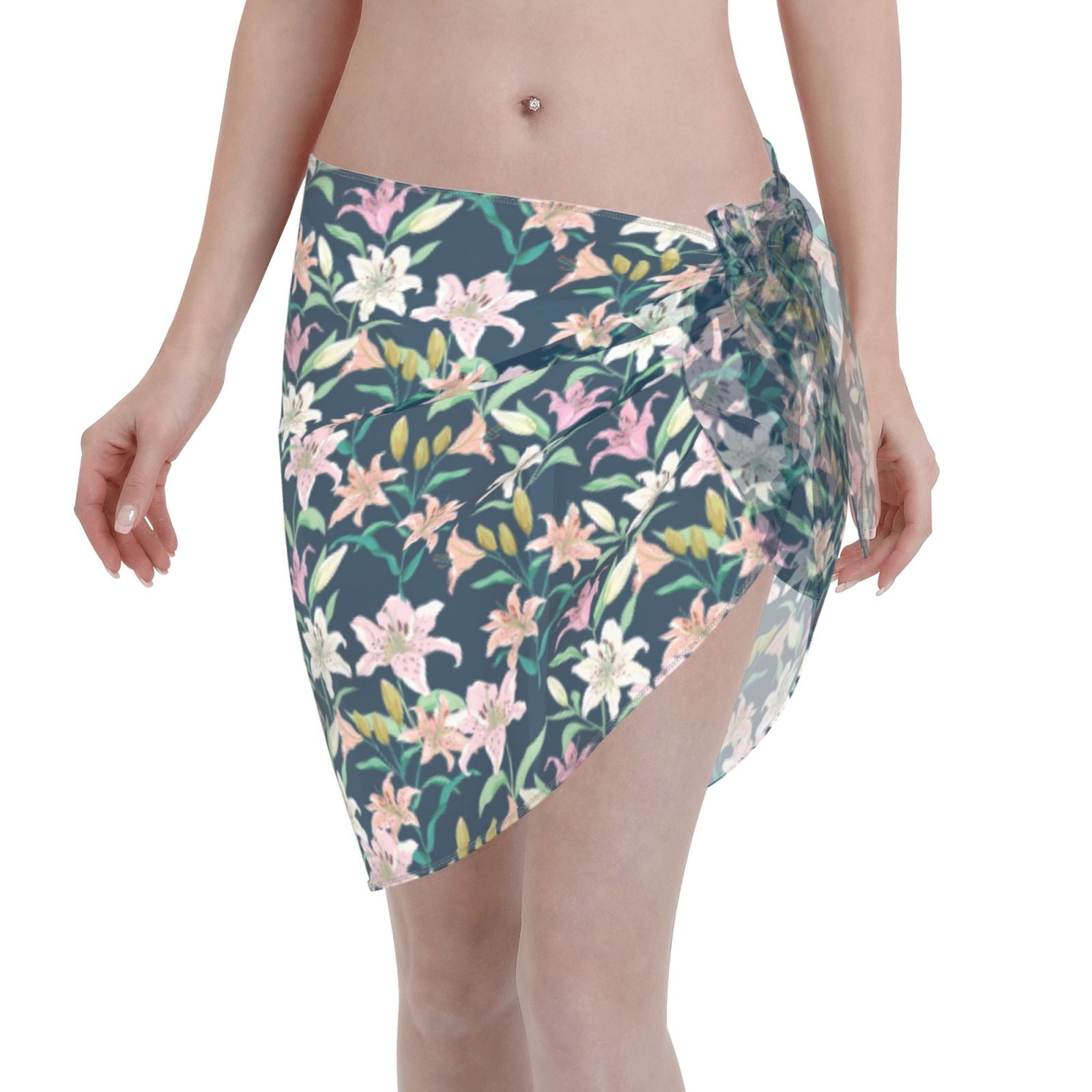 Qekee Lilies Flowers Women's Short Sarongs Cover Ups Sheer Bikini Wraps ...