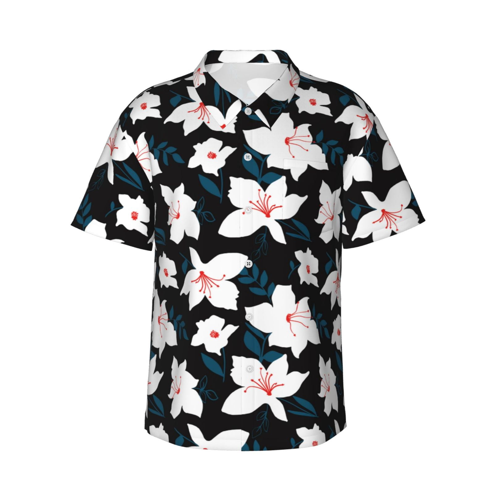 Qekee Lilies Flowers print Hawaiian Shirt for Men Short Sleeve Button ...