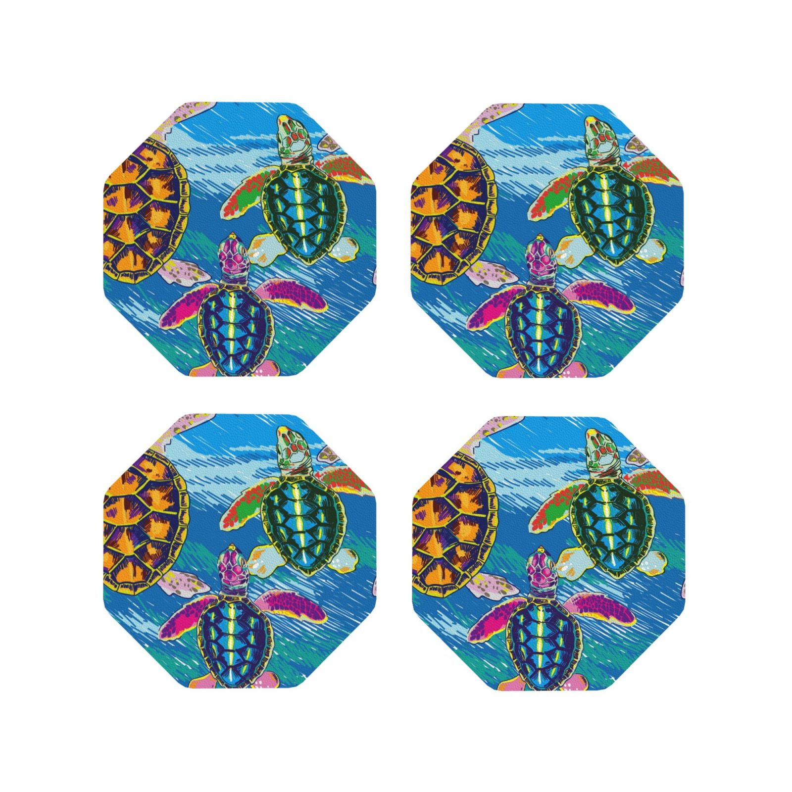 Qekee Little Sea Turtles Print PU Leather Absorbent Coasters,Leather ...