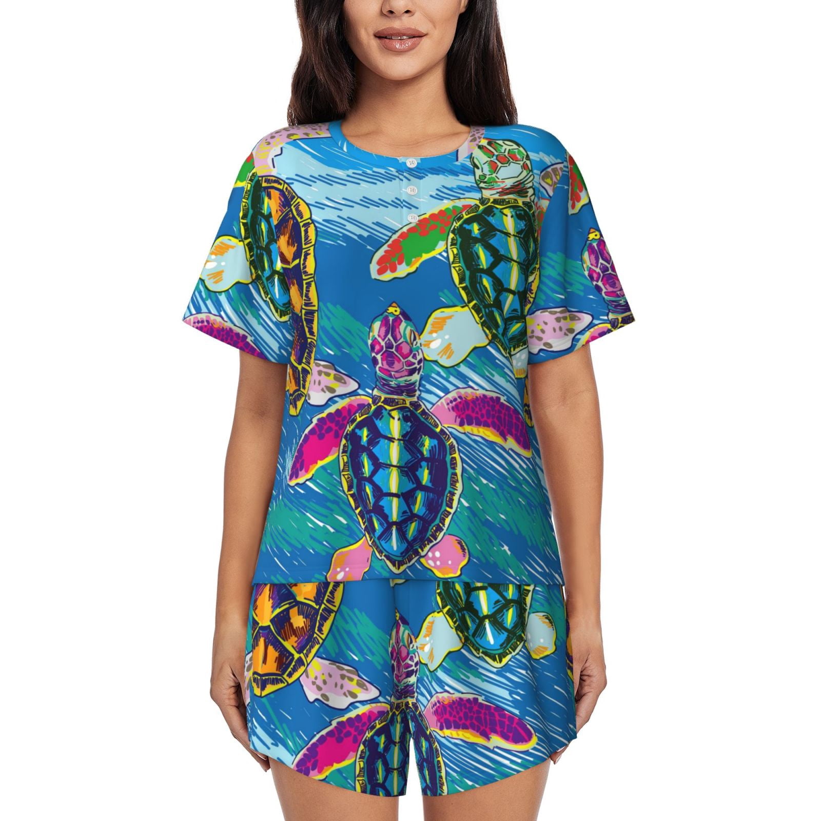 Qekee Little Sea Turtles Women's Pajama Set Short Sleeve Sleepwear ...