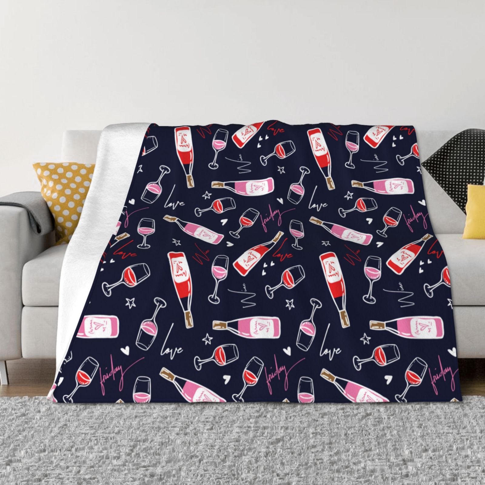 Qekee Love Wine print Throw Blanket, Cotton Flannel Home Decor, All ...