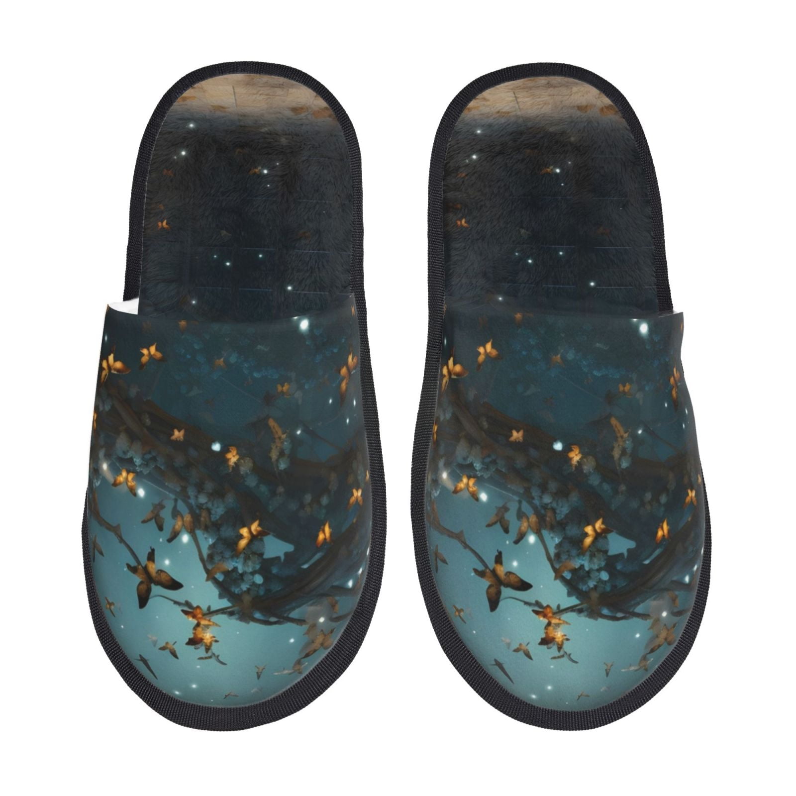 Qekee Magical Library Butterfly Night Print Furry Slippers for Women ...