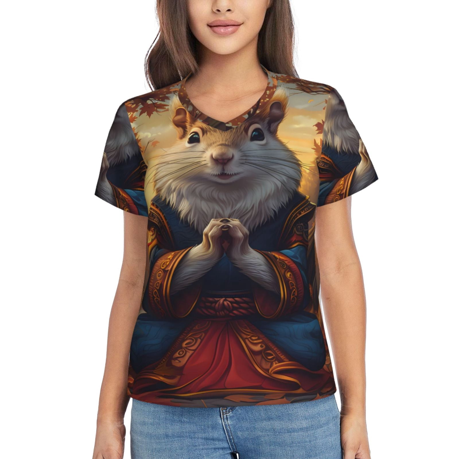 Qekee Maple Leaf Meditating Squirrel for Women's V Neck T Shirts Half ...