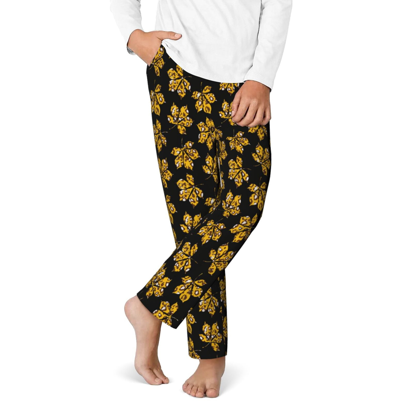 Qekee Maple Leaves With Leopard Print Kids Pajama Pants, Teenagers ...
