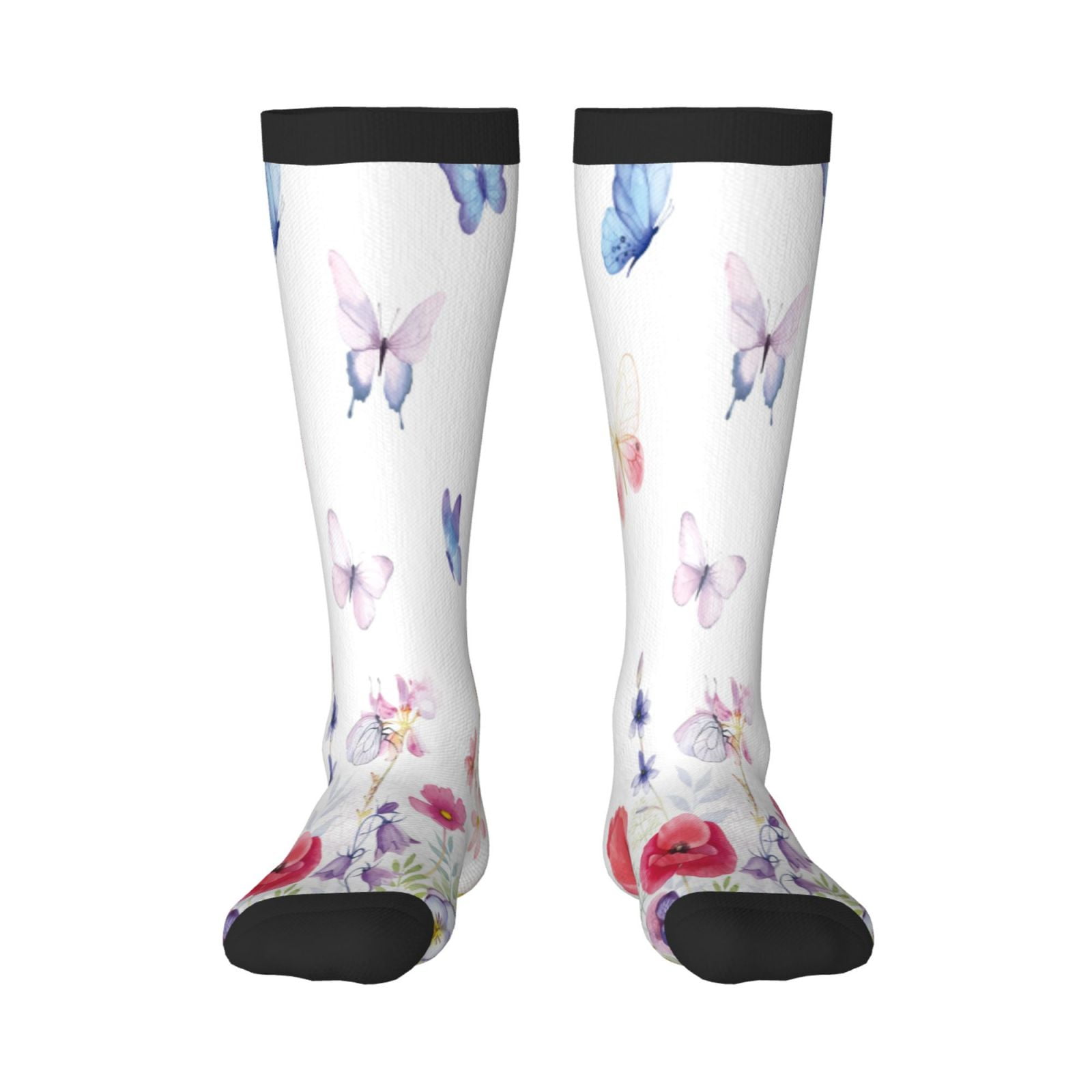 Qekee Meadow flowers with butterfly Print Thigh High Socks Long ...