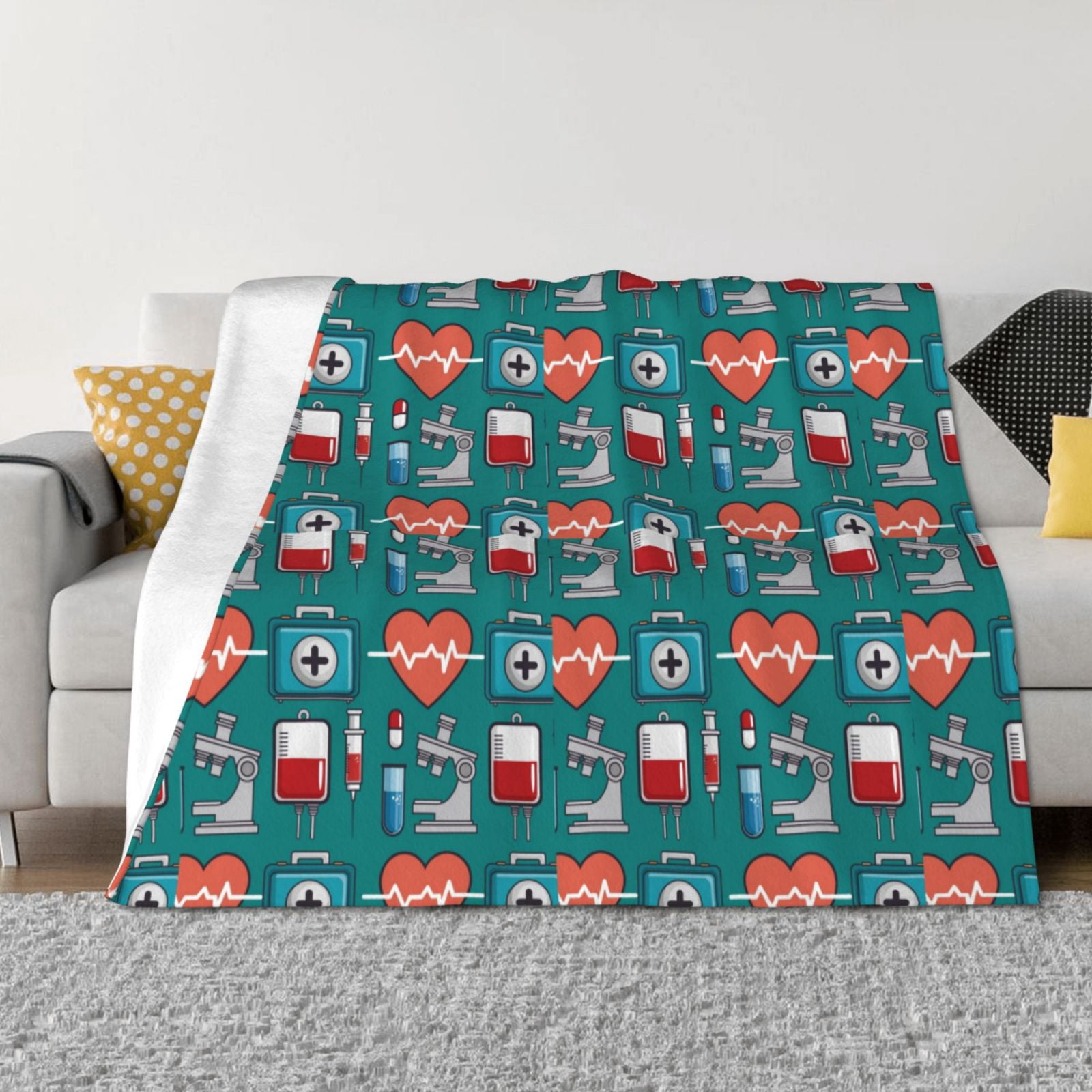 Qekee Medical Elements print Throw Blanket, Cotton Flannel Home Decor ...
