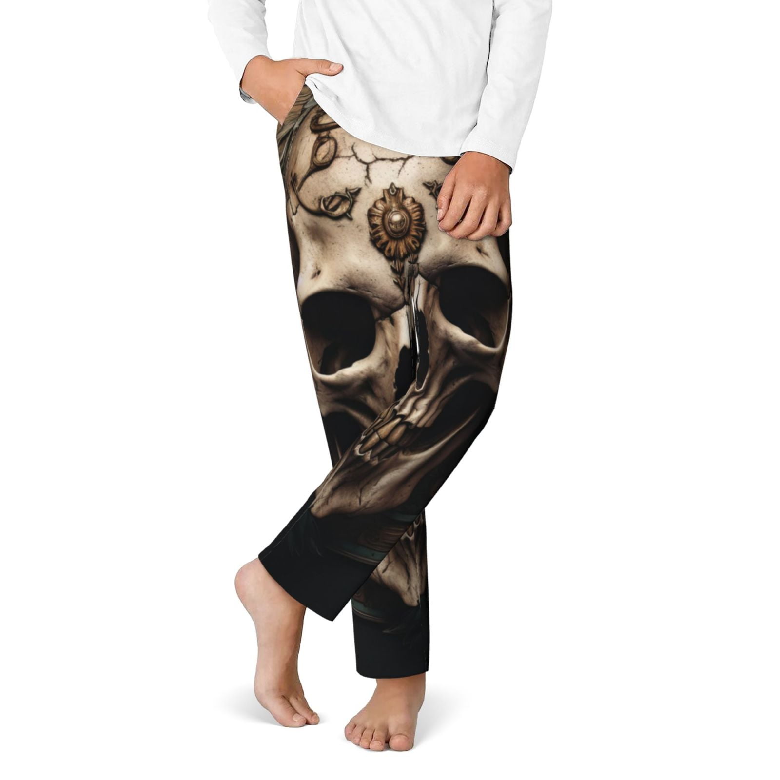 Qekee Metal Style Horned Skull Print Kids Pajama Pants, Teenagers ...