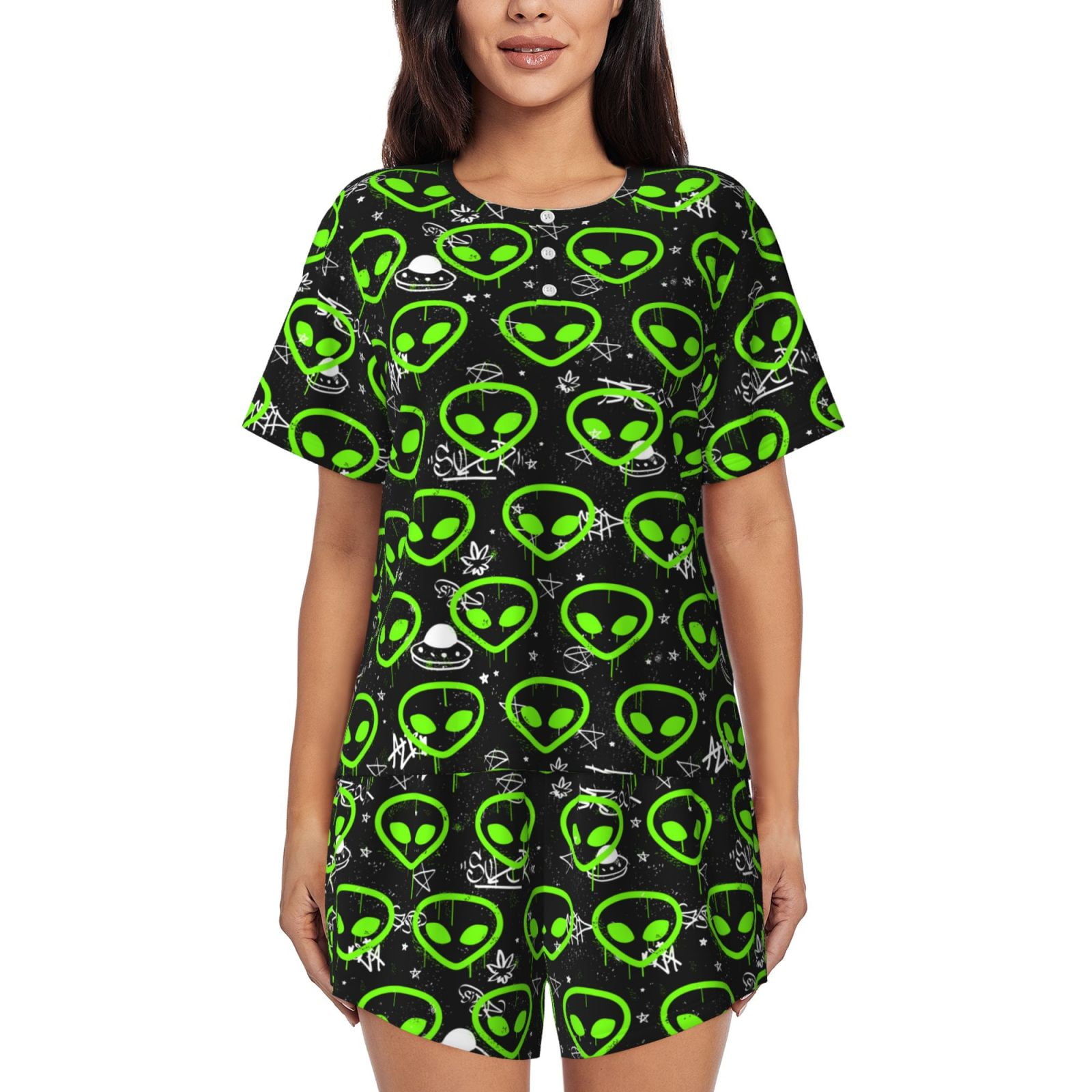 Qekee Monster Neon Head Print Women's Pajama Set Short Sleeve Sleepwear Summer Home Wear with ...