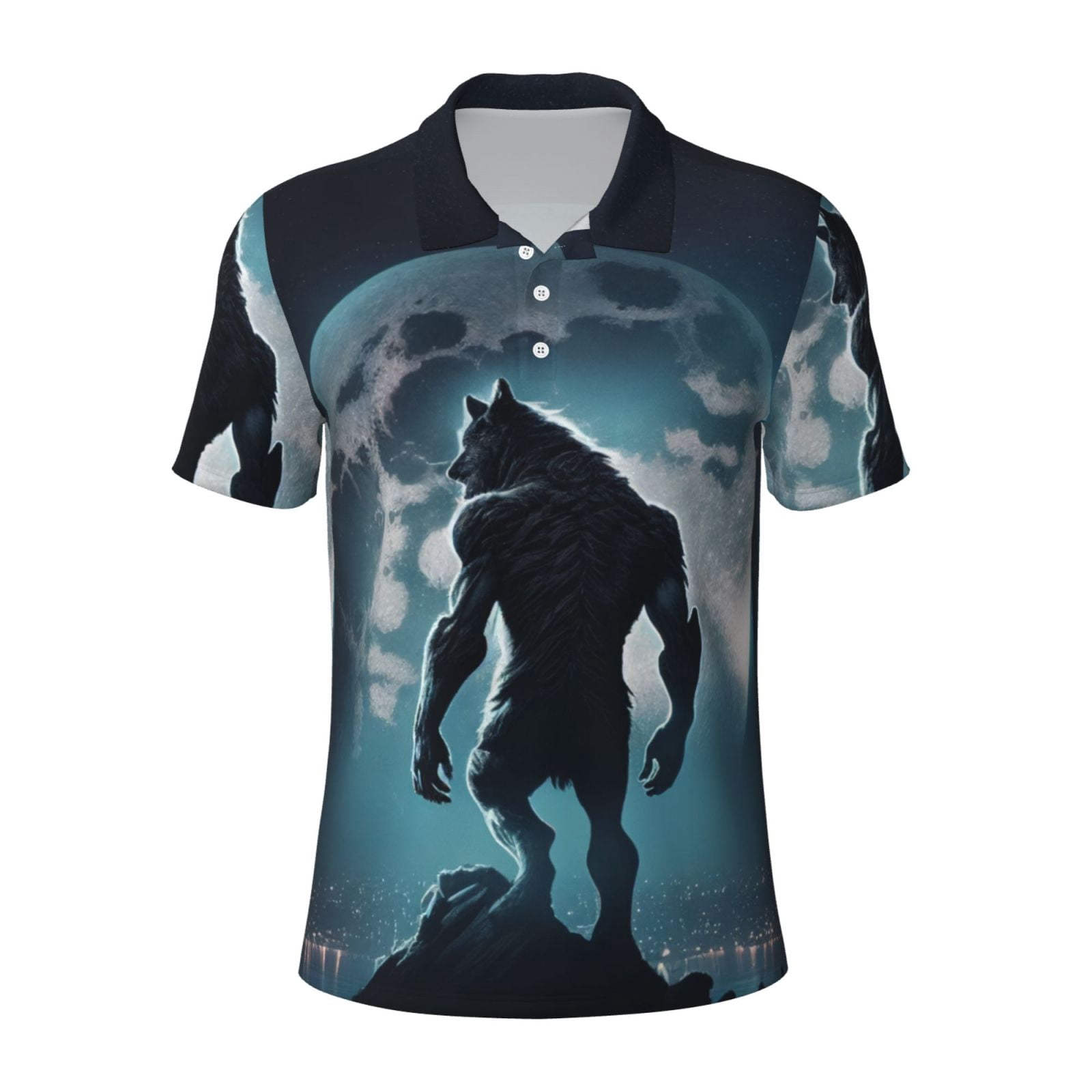 Qekee Moon Wolf Warrior for Mens Polo Shirts Casual Short Sleeve Button ...