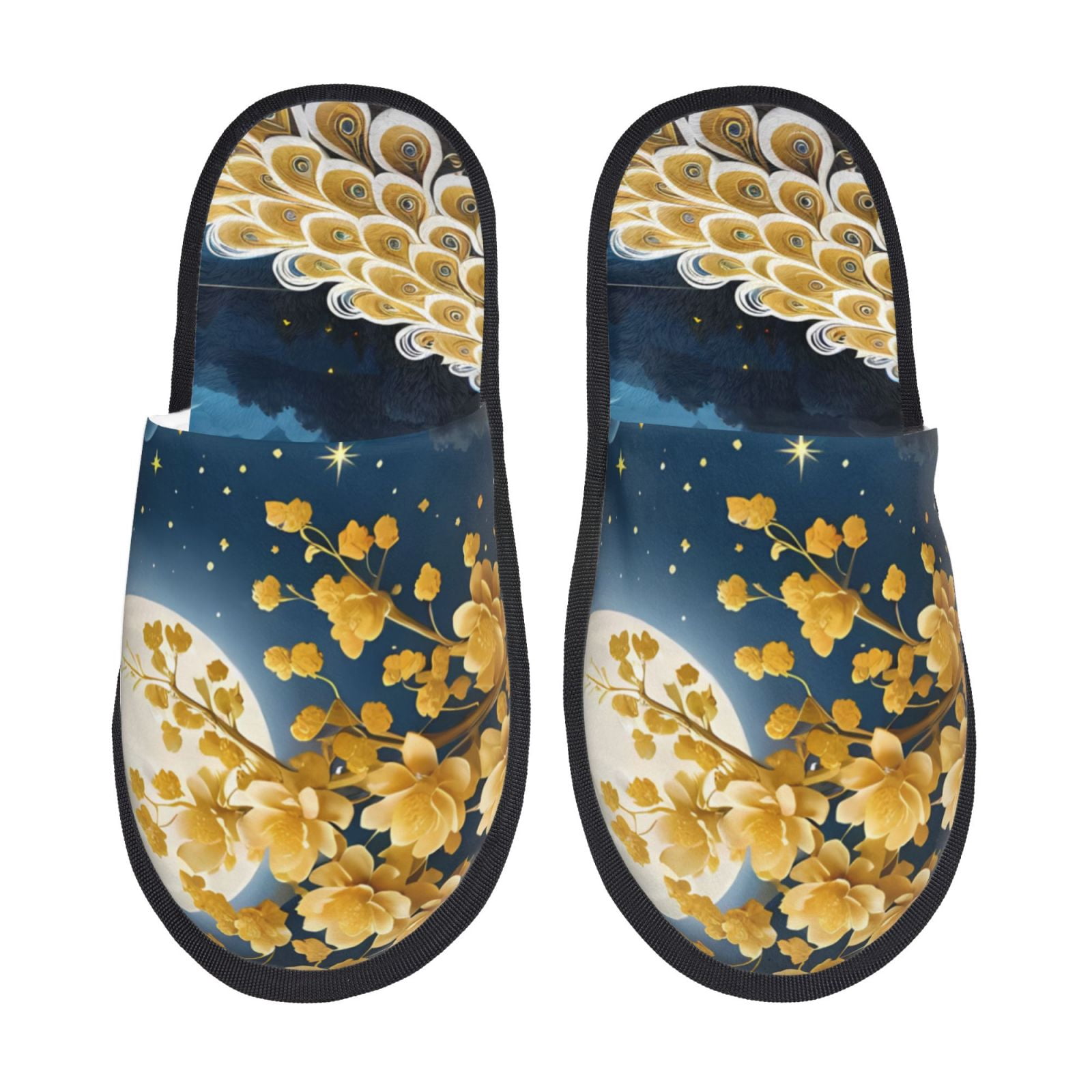 Qekee Moonlit Golden Tree Peacock print Slippers for Women and Men ...