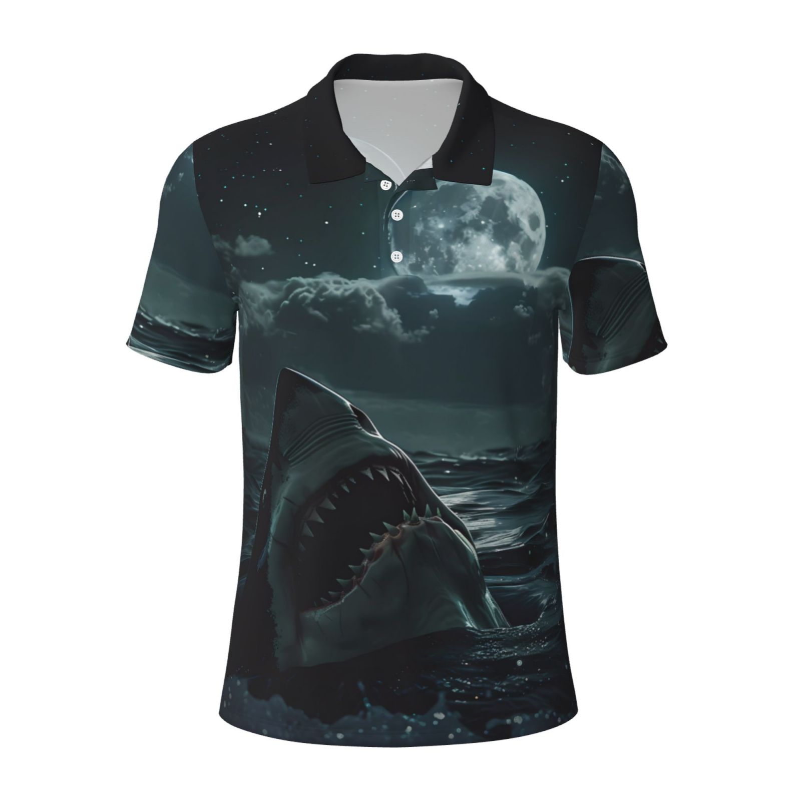 Qekee Moonlit Night Sky Shark for Mens Polo Shirts Casual Short Sleeve ...
